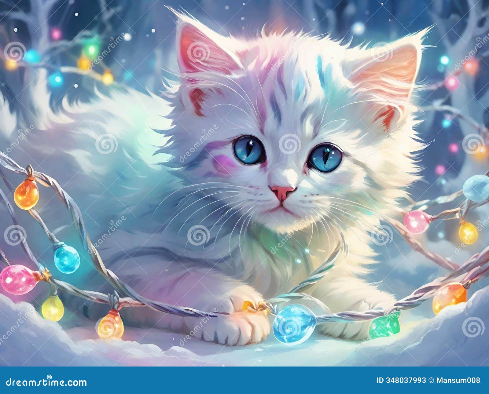 Illustration of a White Cat with a Christmas Garland Stock Illustration ...