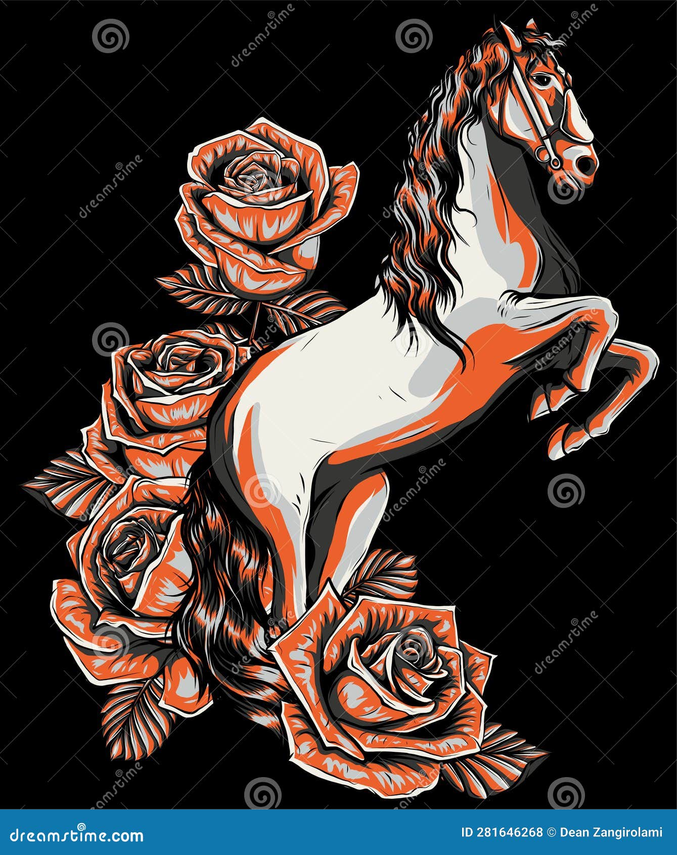 Vector Illustration of White Horse with Rose on Black Background Stock ...