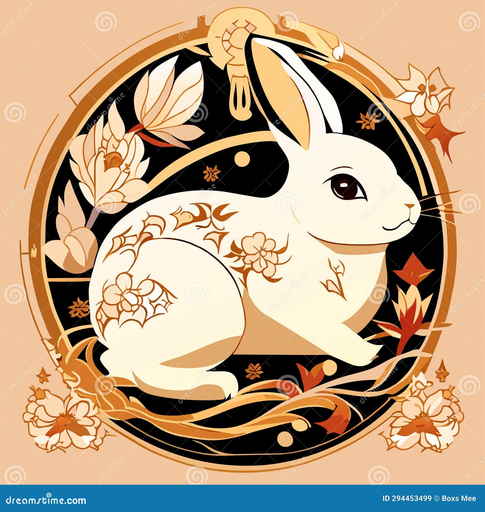 Illustration of a White Rabbit in a Round Frame with Floral Elements ...