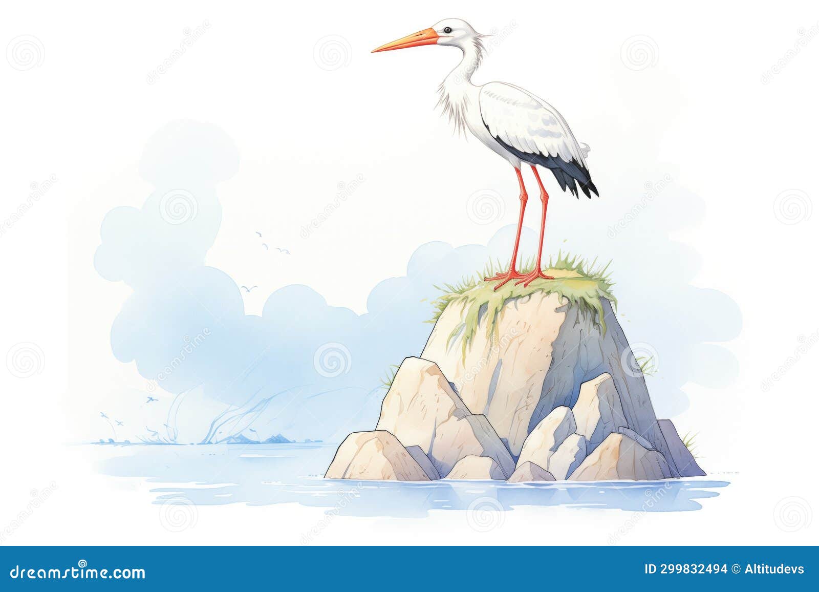An Illustration of a White Stork Perched Atop a Coastal Cliff Stock ...