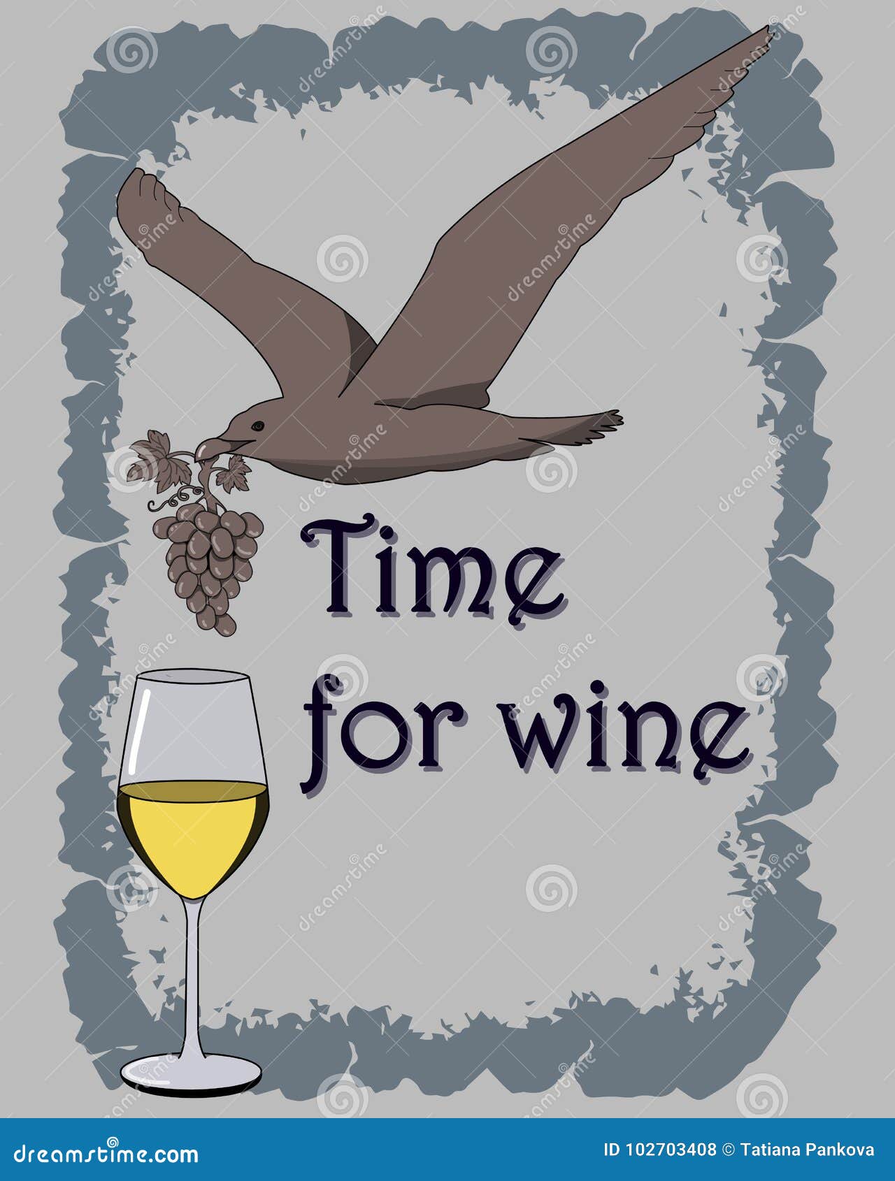 Illustration with White Wine with Grapes and Seagull. Stock Vector ...