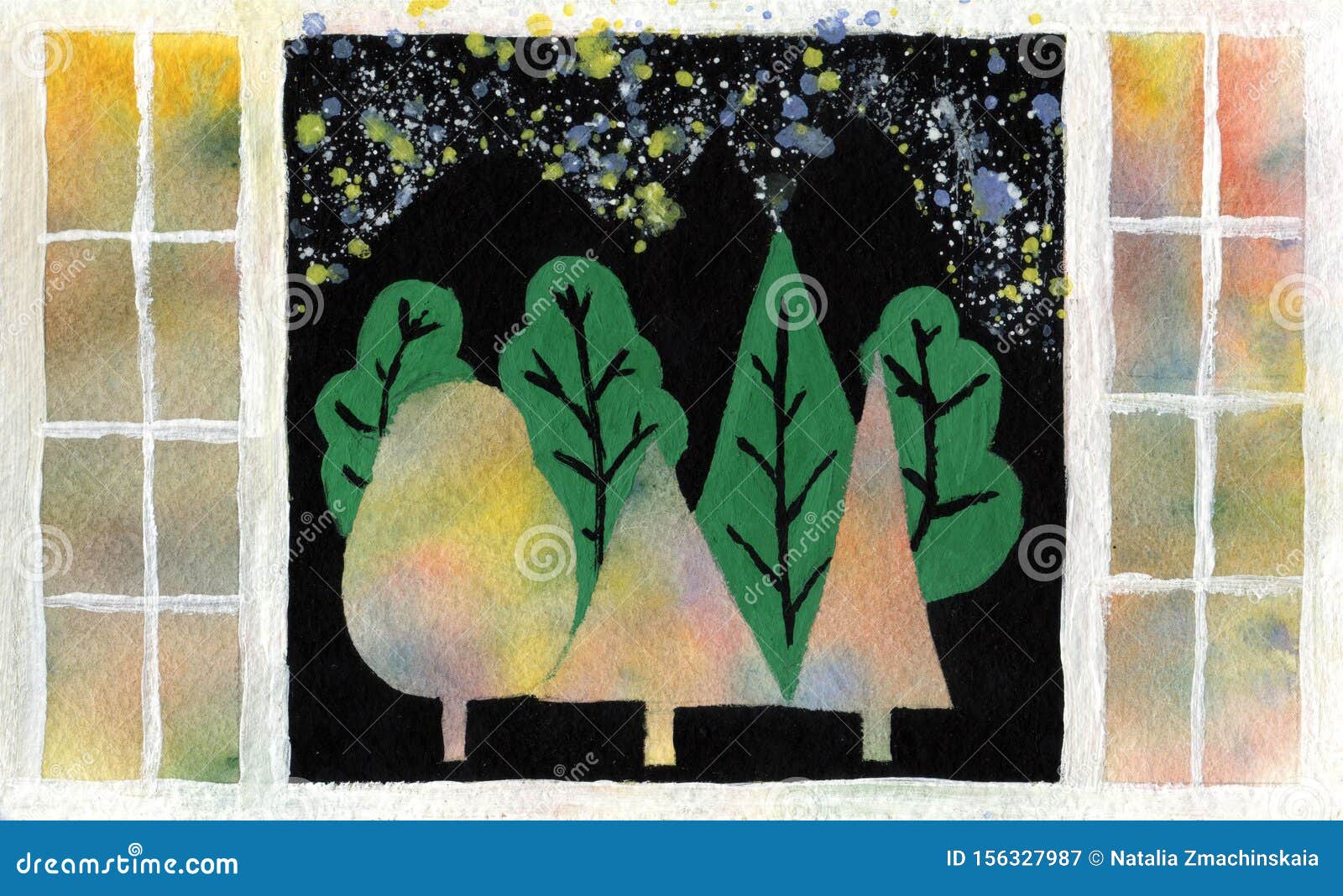 Illustration with Window and Night Forest Stock Illustration ...