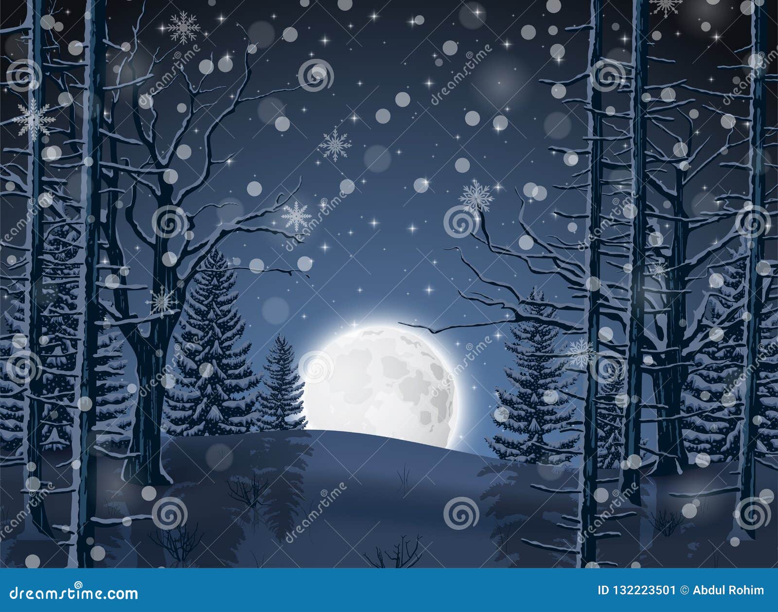 Winter Forest Landscape with Moon Light Stock Illustration ...