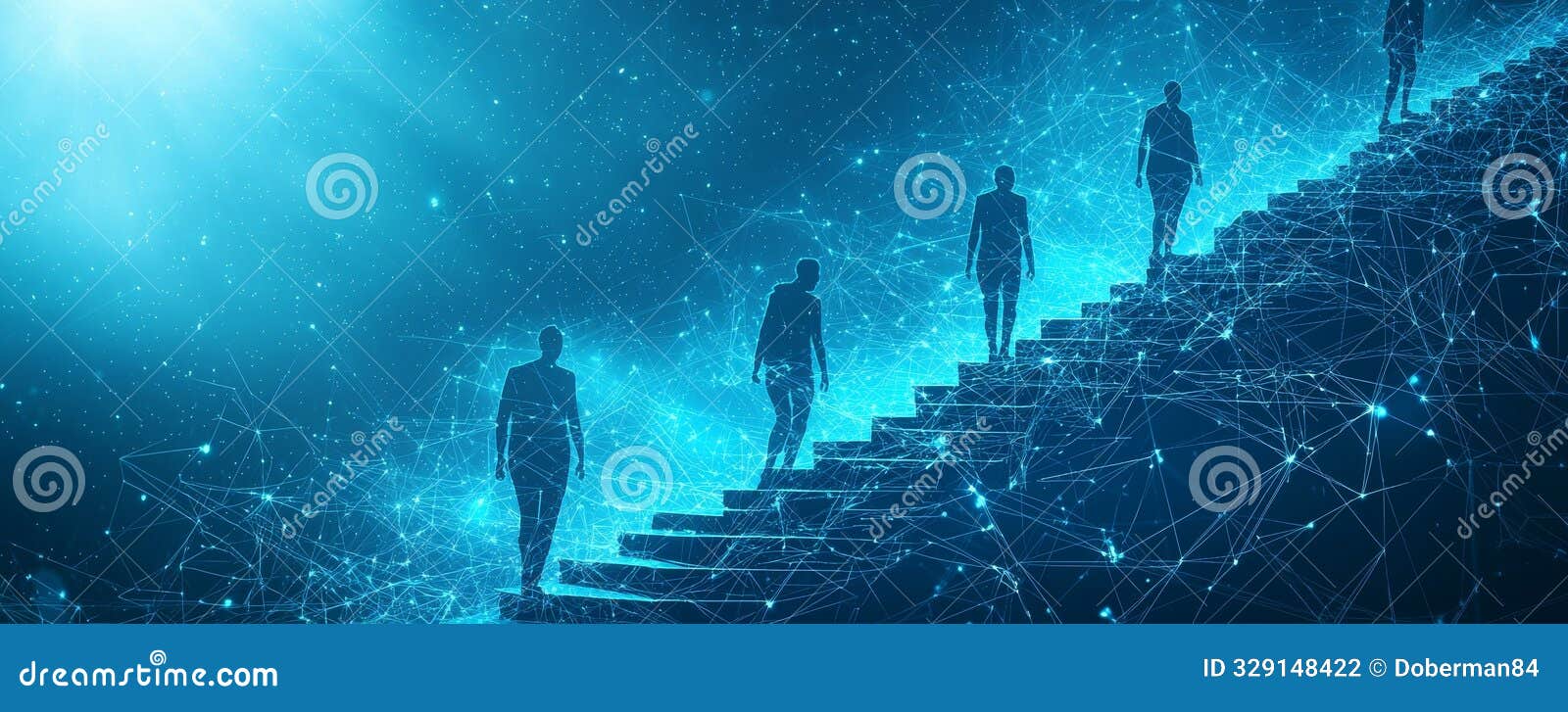 Illustration of Wireframe People Climbing Stairs in a Digital Network ...