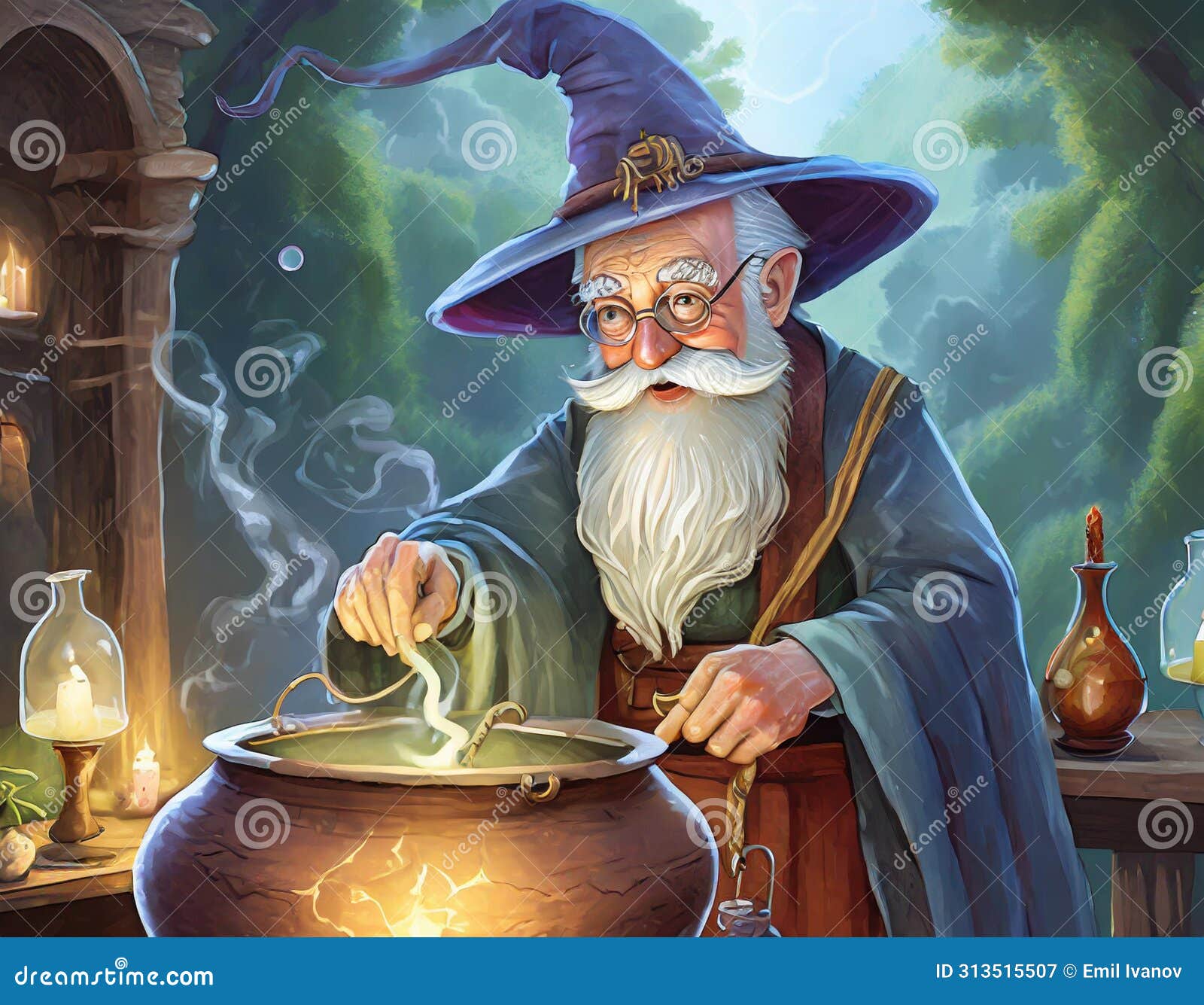 Enchanting Wizard Brewing Potion in Mystic Forest Stock Illustration ...