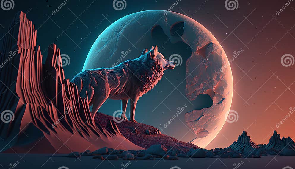 Illustration of a Wolf in Front of the Moon. 3d Rendering Stock ...