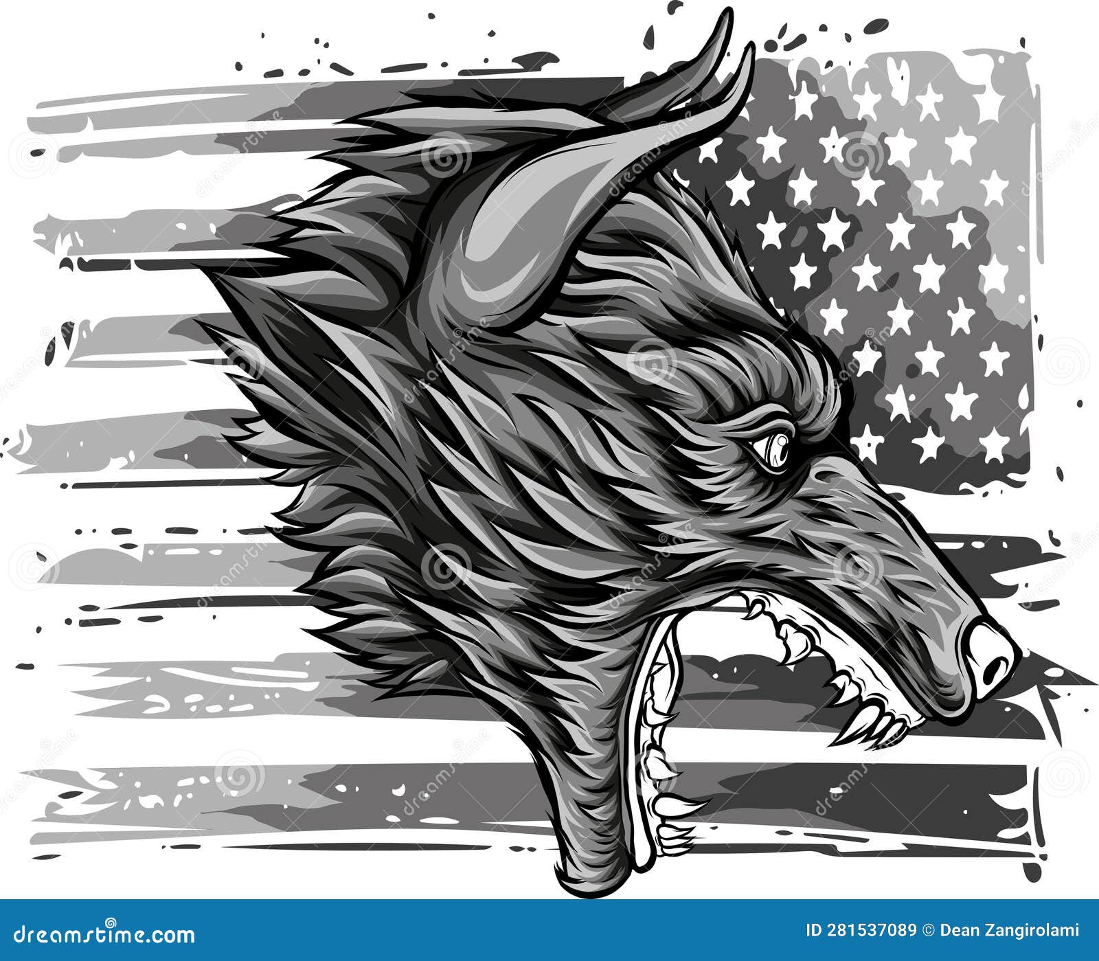 Monochromatic Illustration of Wolf Head with Amrican Flag Stock Vector ...