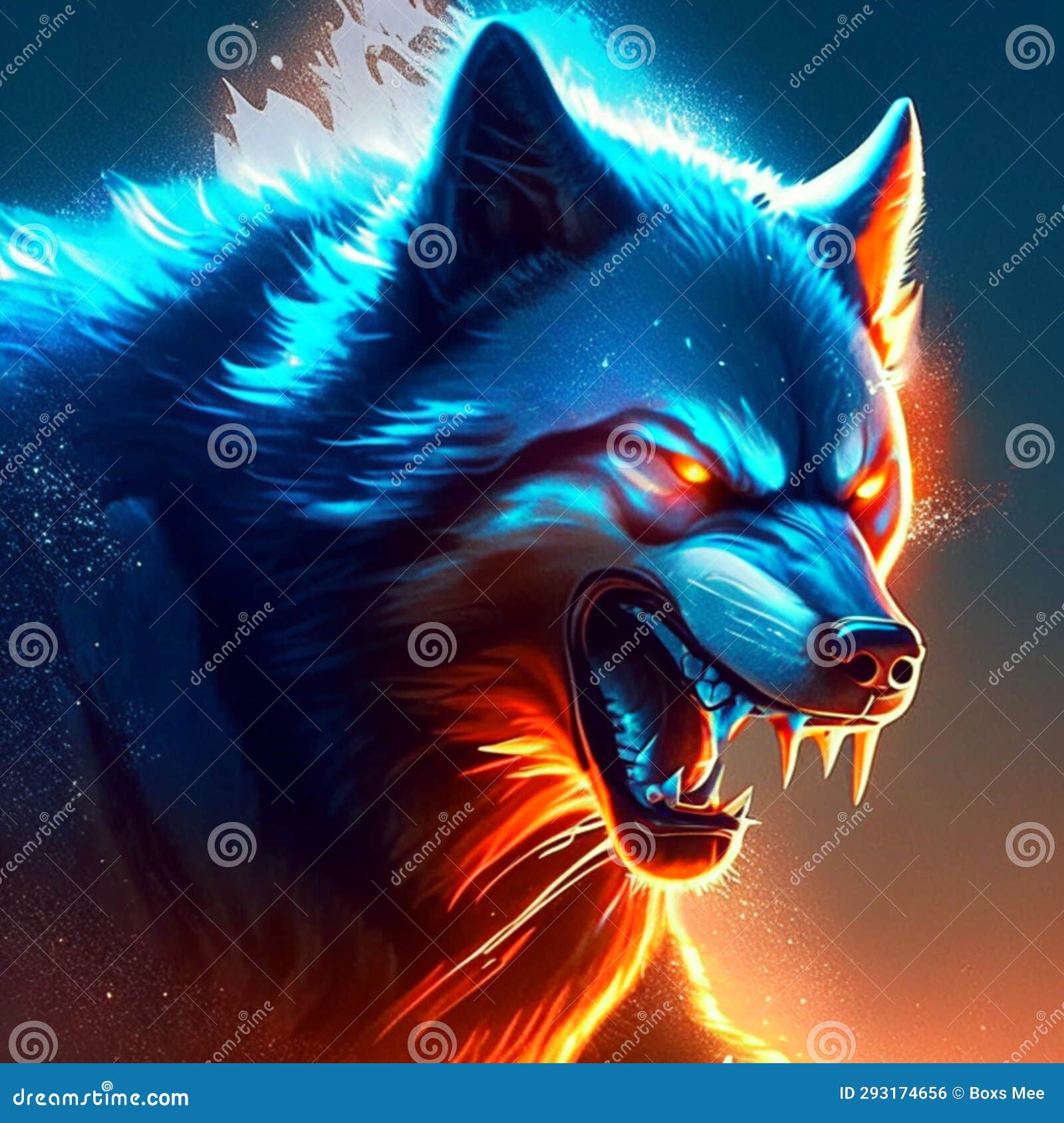 Illustration of a Wolf Head in a Neon Style with Fire Effect Generative ...