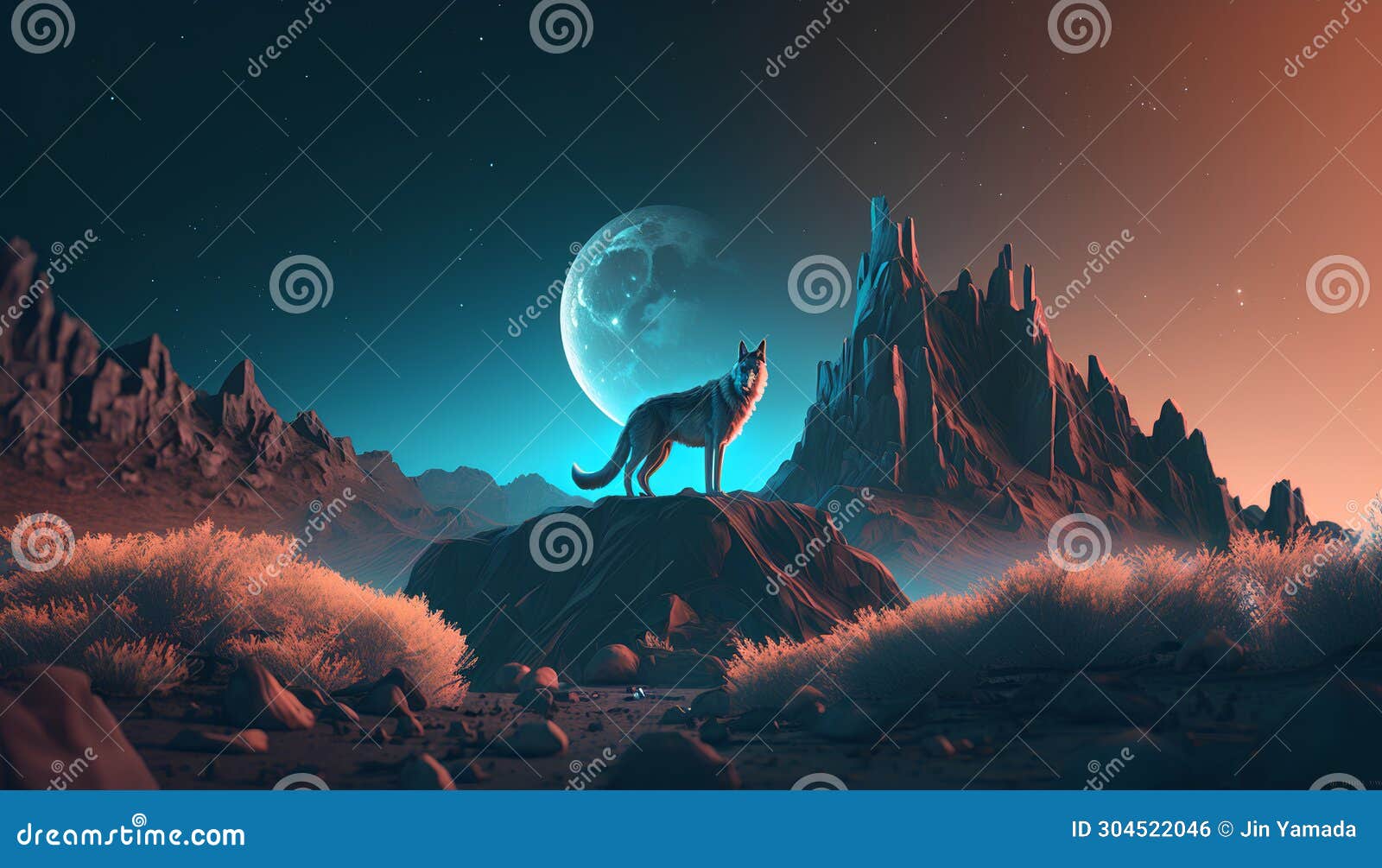 Illustration of a Wolf Howling Towards the Moon. 3d Rendering Stock ...
