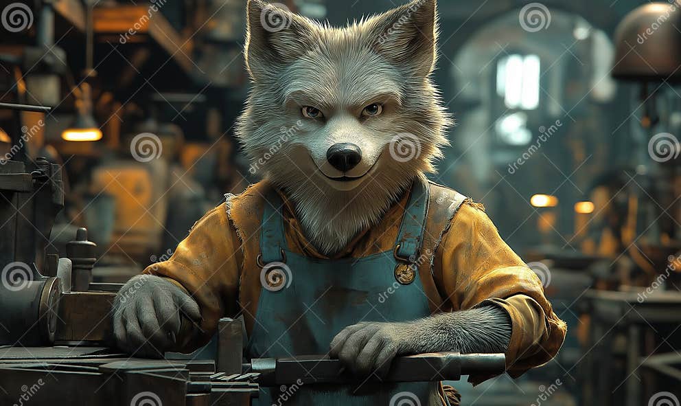 Illustration of a Wolf Working in an Apron in a Workshop. Stock Photo ...