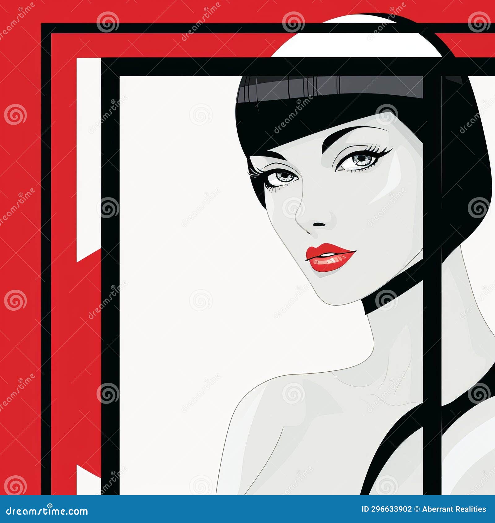 An Illustration Of A Woman With Black Hair And Red Lips Stock