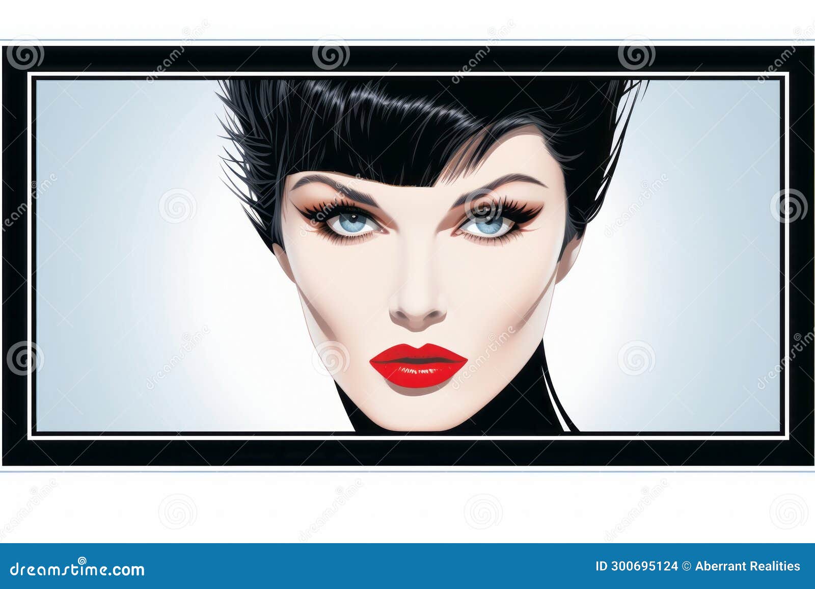 An Illustration Of A Woman With Black Hair And Red Lips Stock