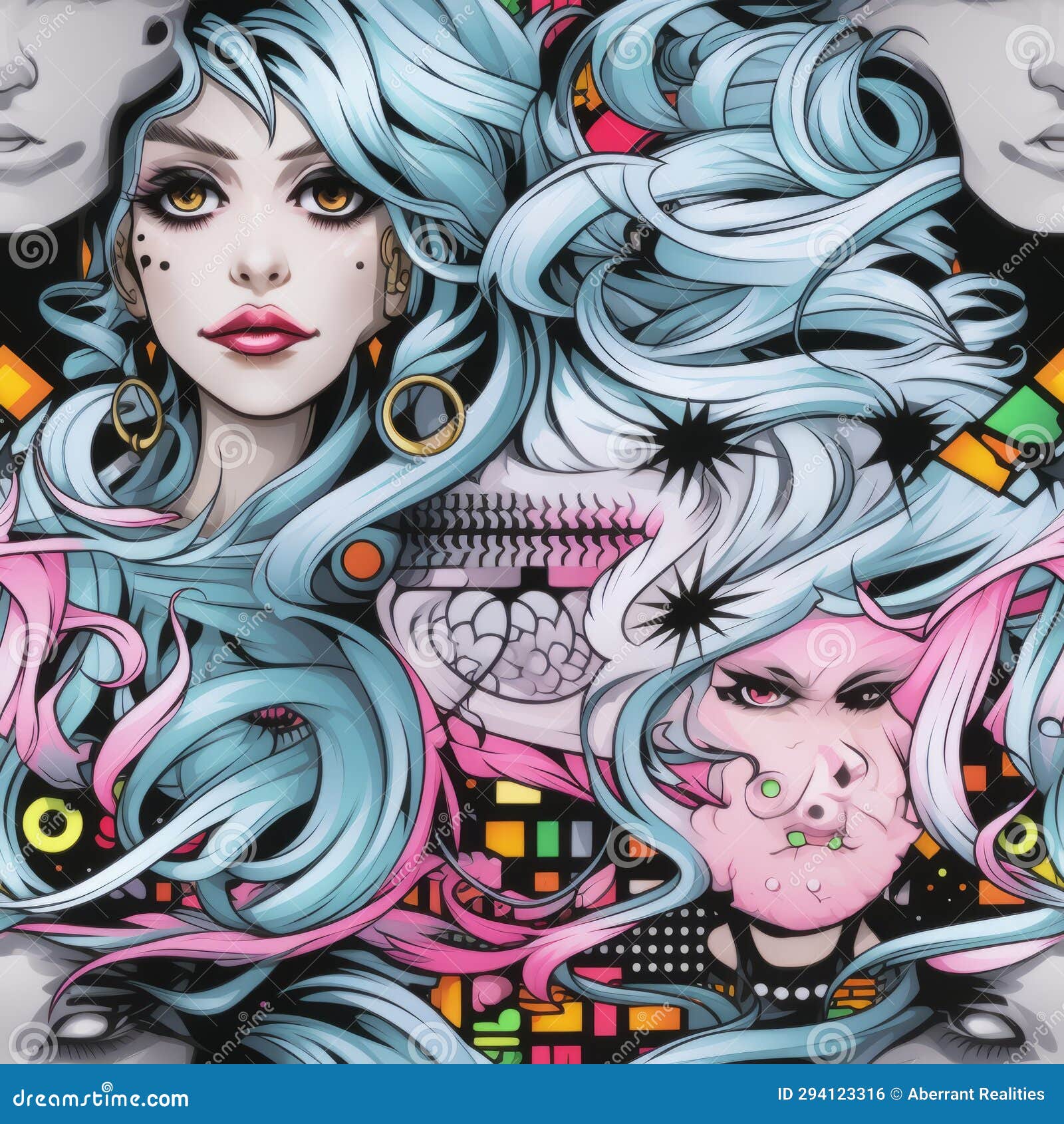 An Illustration Of A Woman With Blue Hair And Pink Eyes Stock Illustration Illustration Of