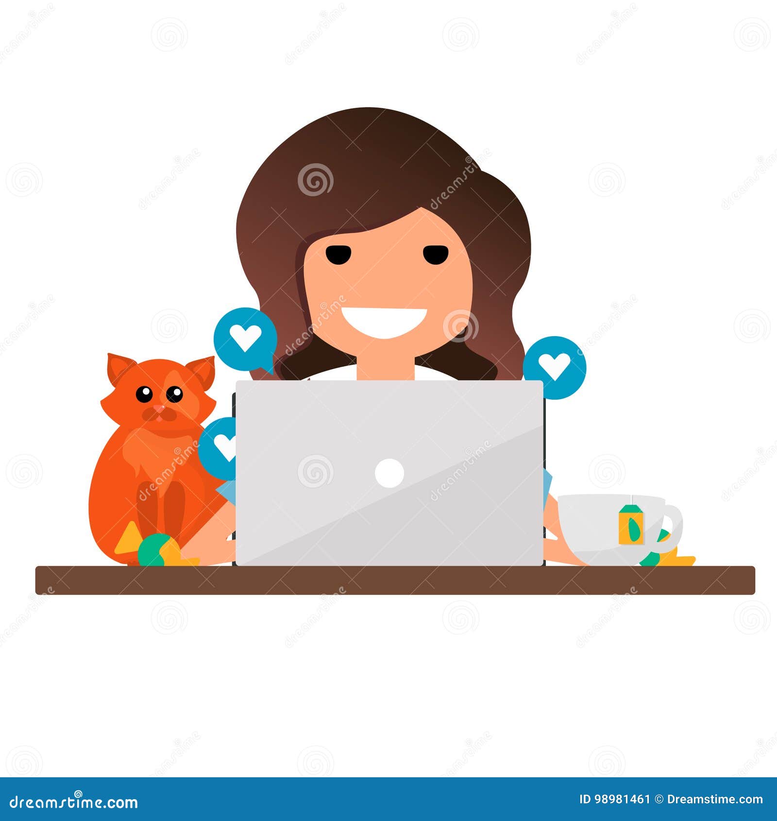 Illustration of a Woman with a Laptop and a Cat Stock Vector ...