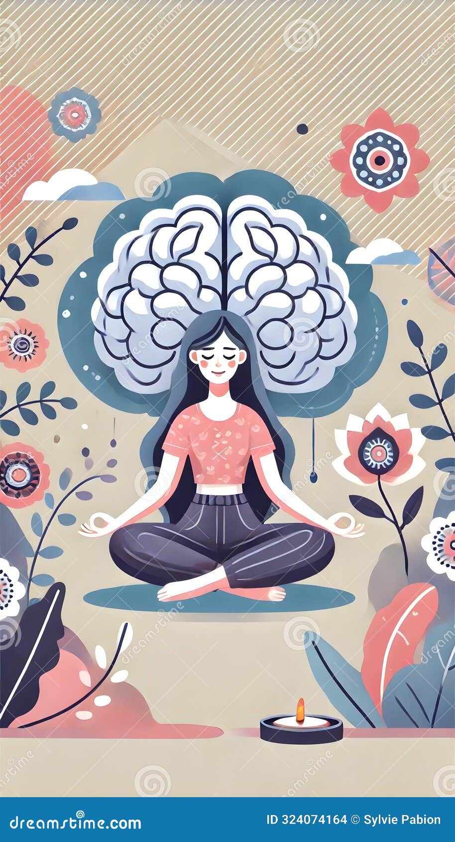 Woman Practicing Mindfulness Meditation with Brain Stock Illustration ...