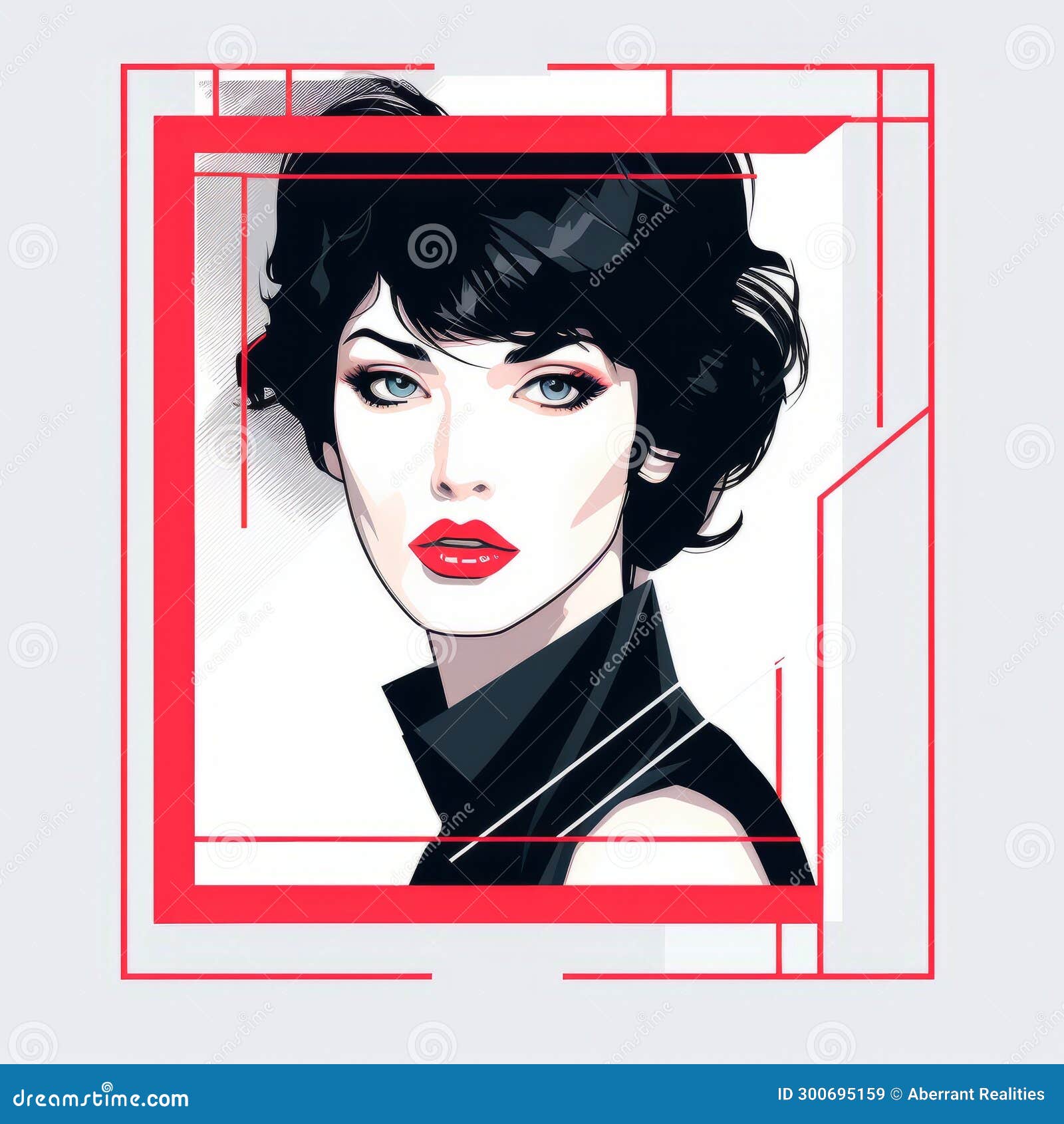 An Illustration Of A Woman With Red Lips And Black Hair Stock