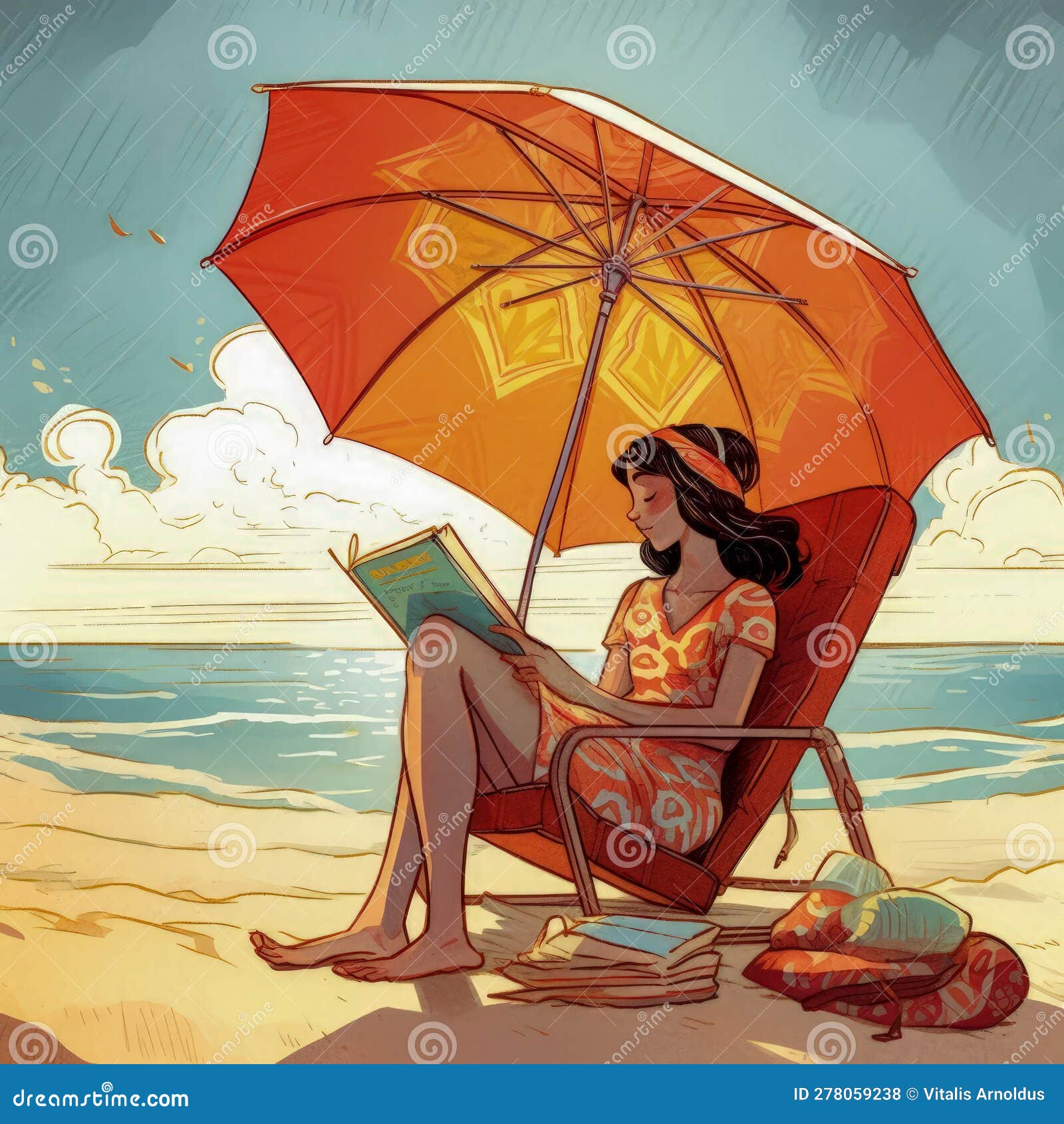 A Woman Sitting In A Beach Chair Under An Umbrella Generative Ai Stock