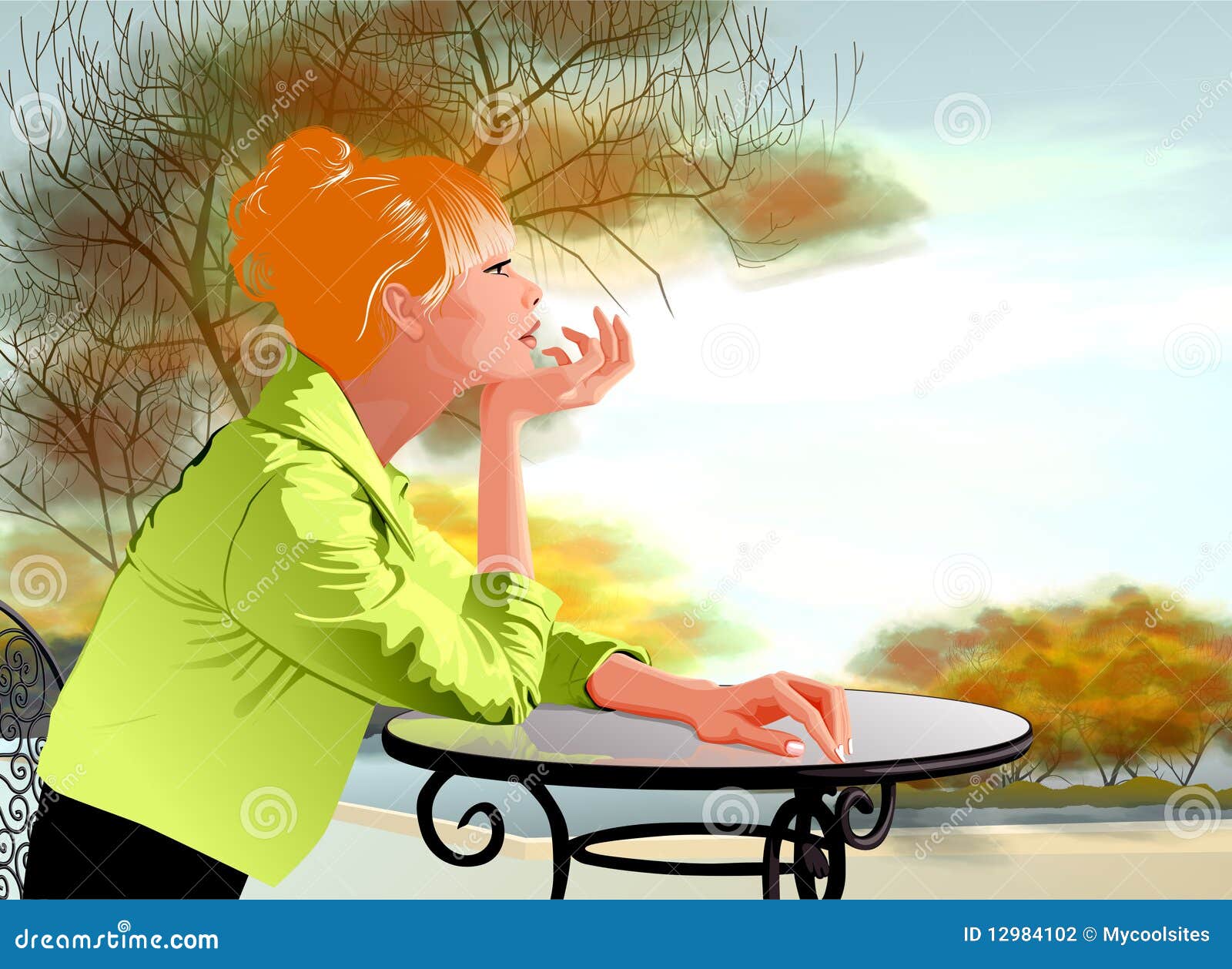 Woman Seating On The Ground Looking At The Ocean Cartoon Vector ...