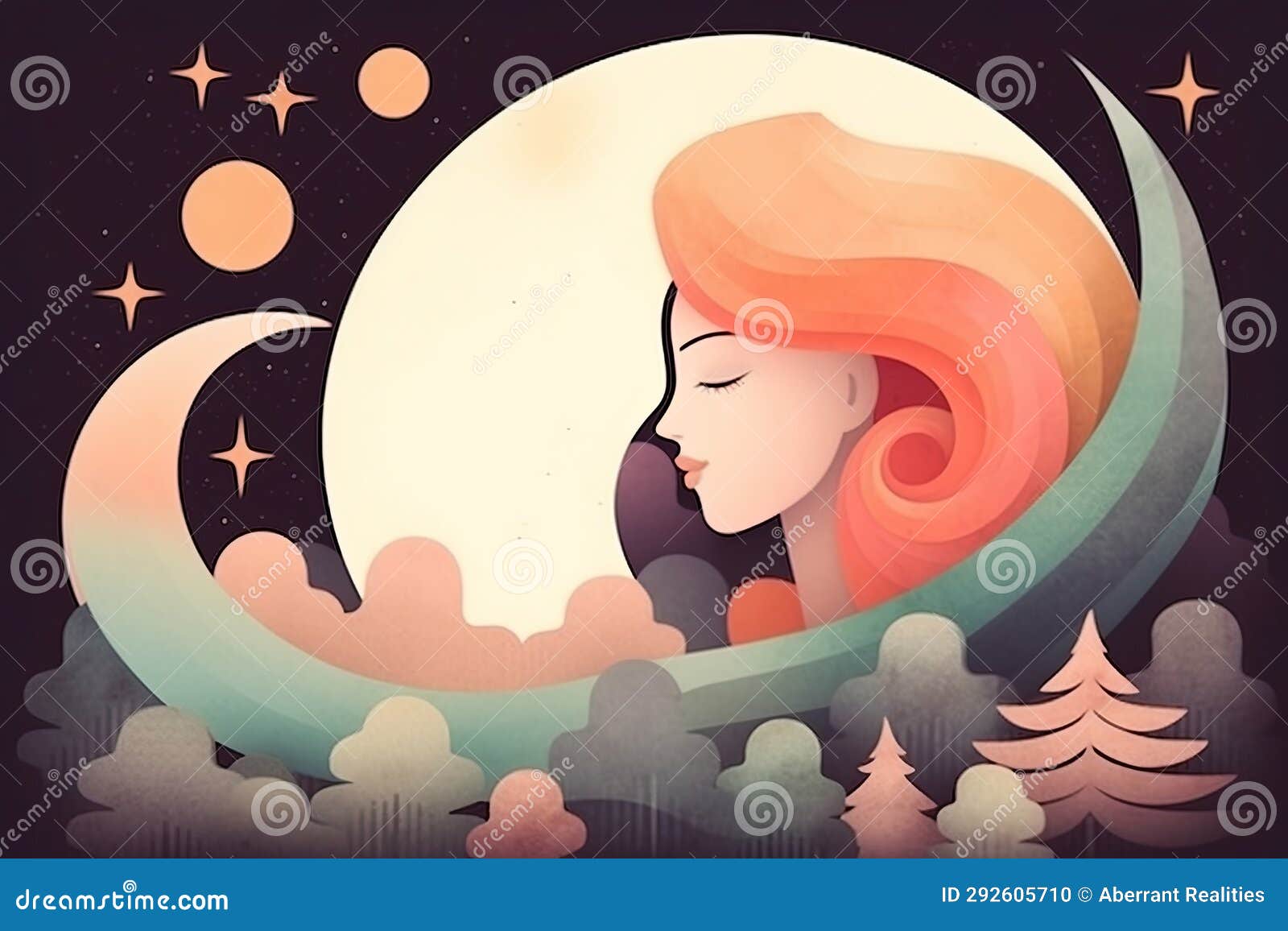 Illustration of a Woman Sleeping Under the Moon with Trees in the ...