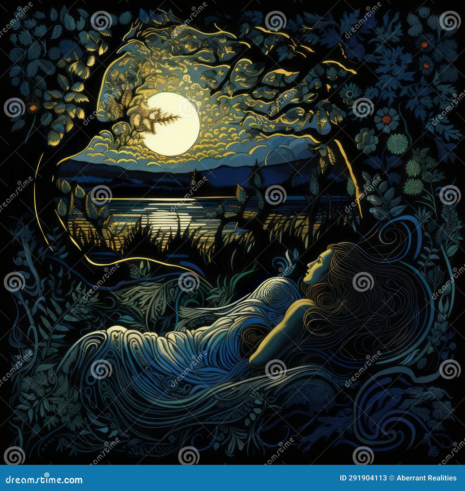 An Illustration of a Woman Sleeping Under a Tree in Front of a Full ...