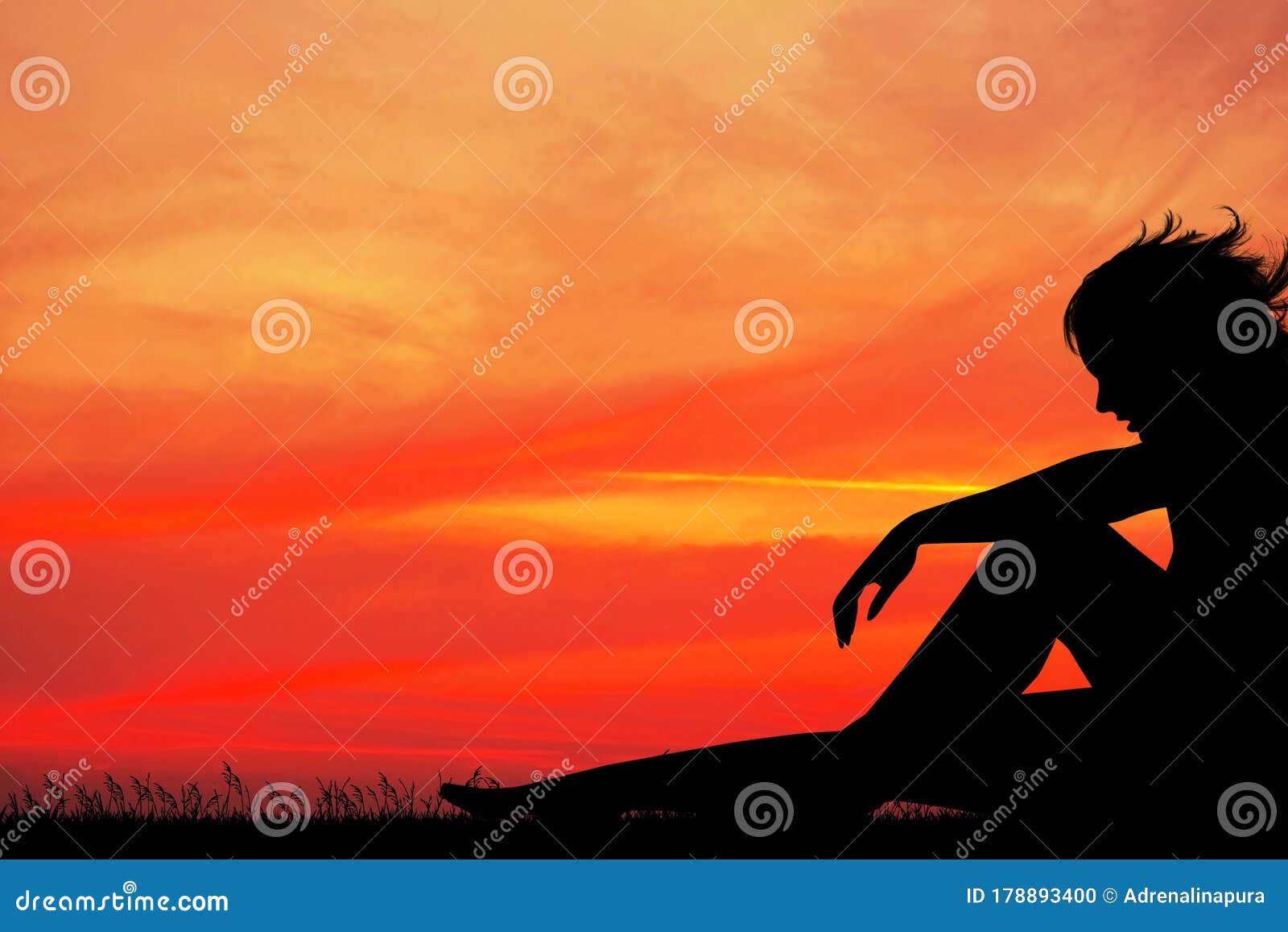 Woman Thinking about Sunset Stock Illustration - Illustration of meadow ...