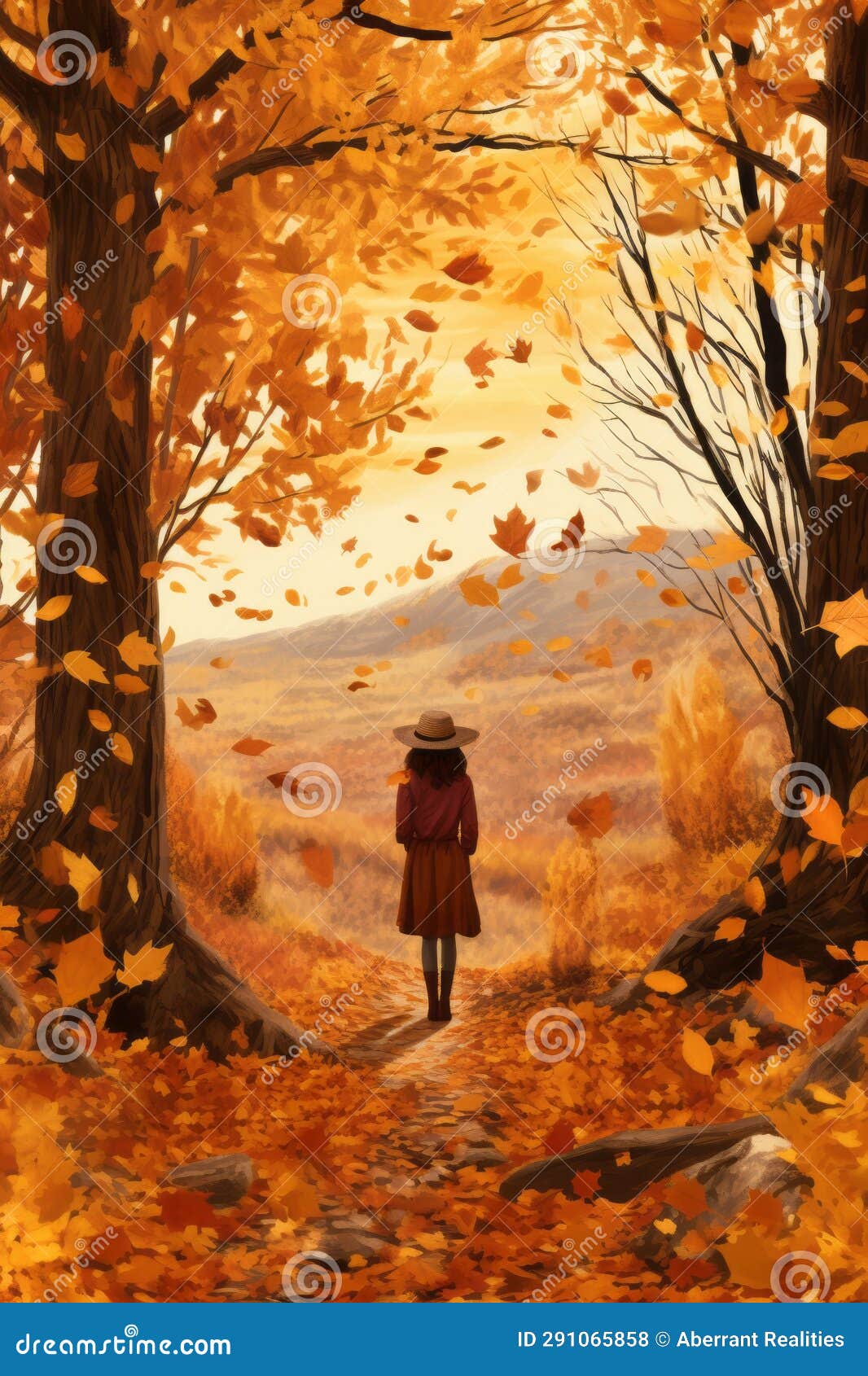 An Illustration of a Woman Walking through an Autumn Forest Stock ...