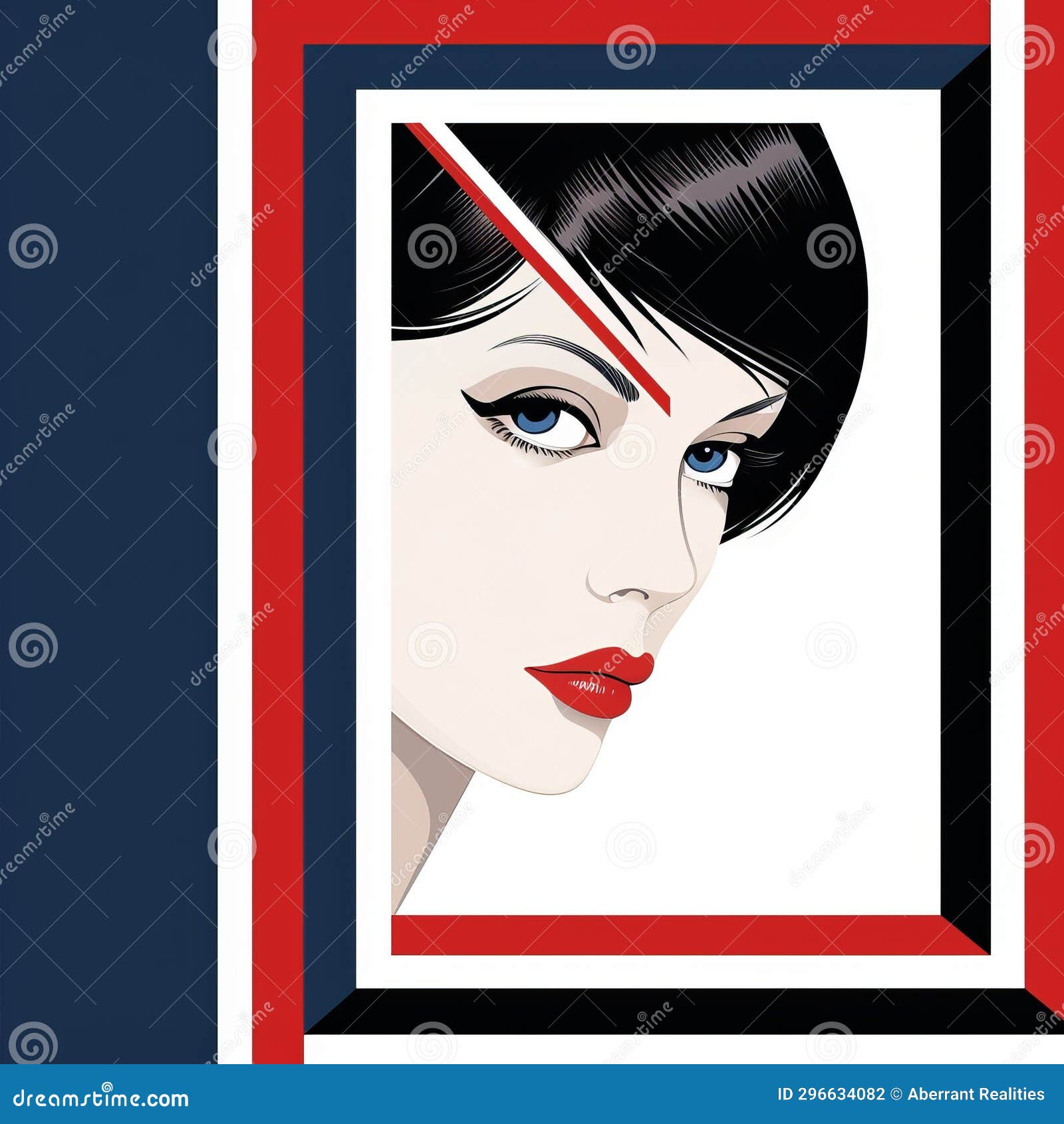 An Illustration Of A Womans Face With A Red White And Blue Frame Stock