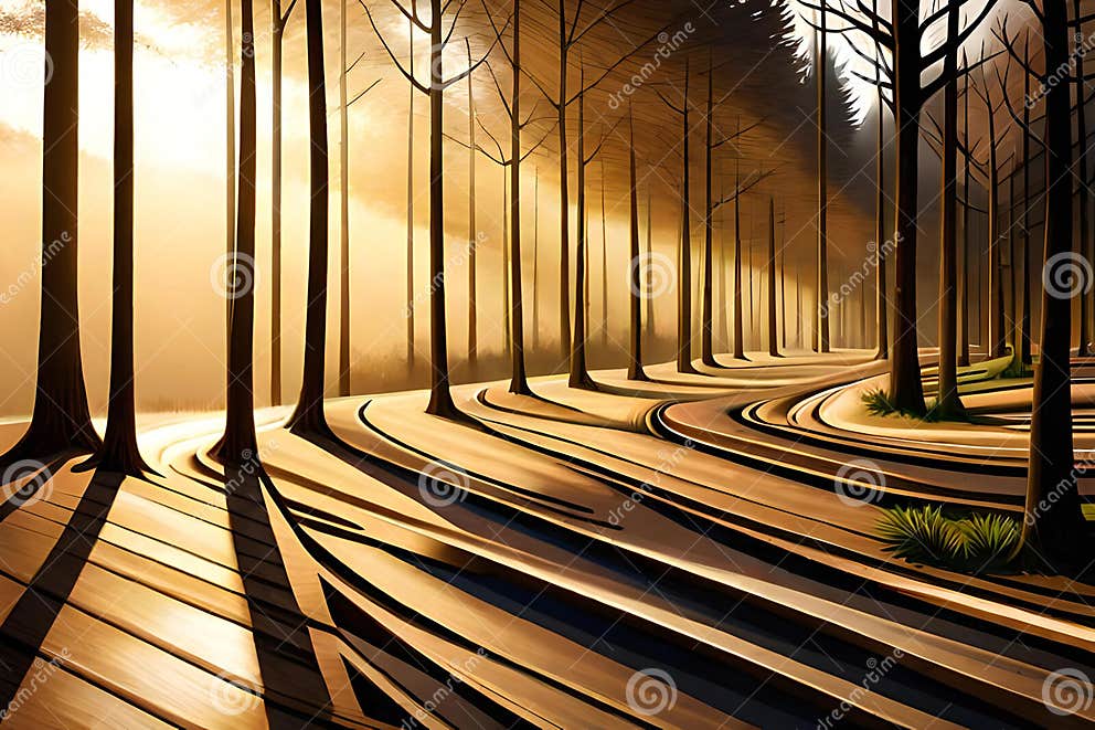 Wooden Bridge In The Misty Forest At Sunrise Stock Illustration