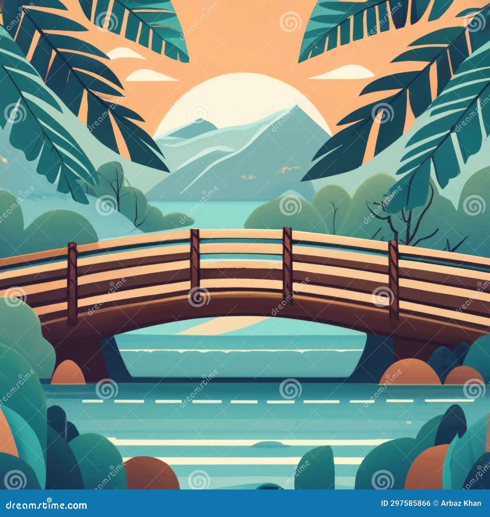 A Wooden Bridge Spanning Across a Flowing River. Illustration Stock ...