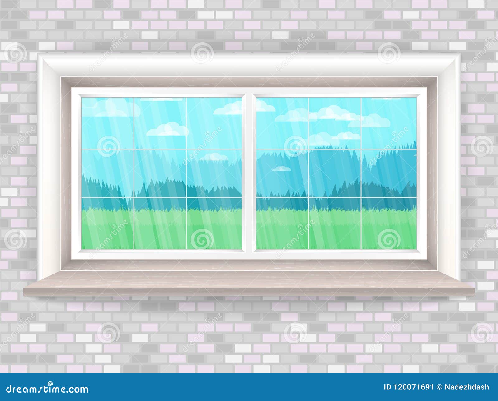 Illustration with Wooden Window in Realistic Style a Brick Wall and the ...
