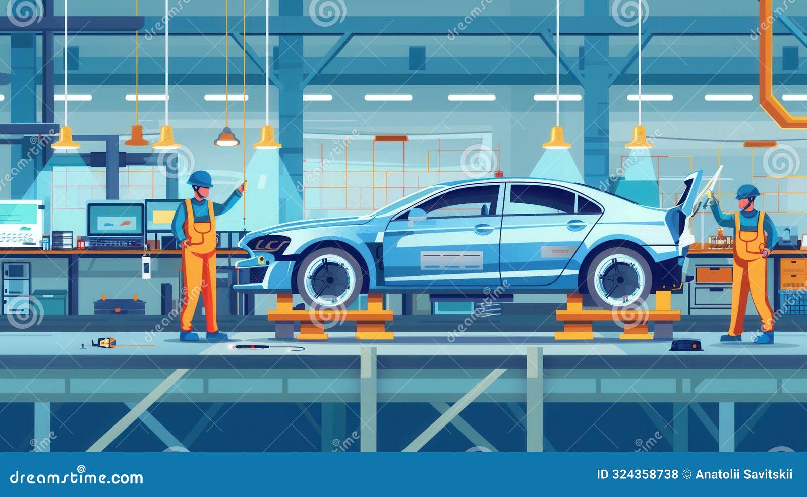 An Illustration of Workers Assembling a Car Body in a Workshop ...