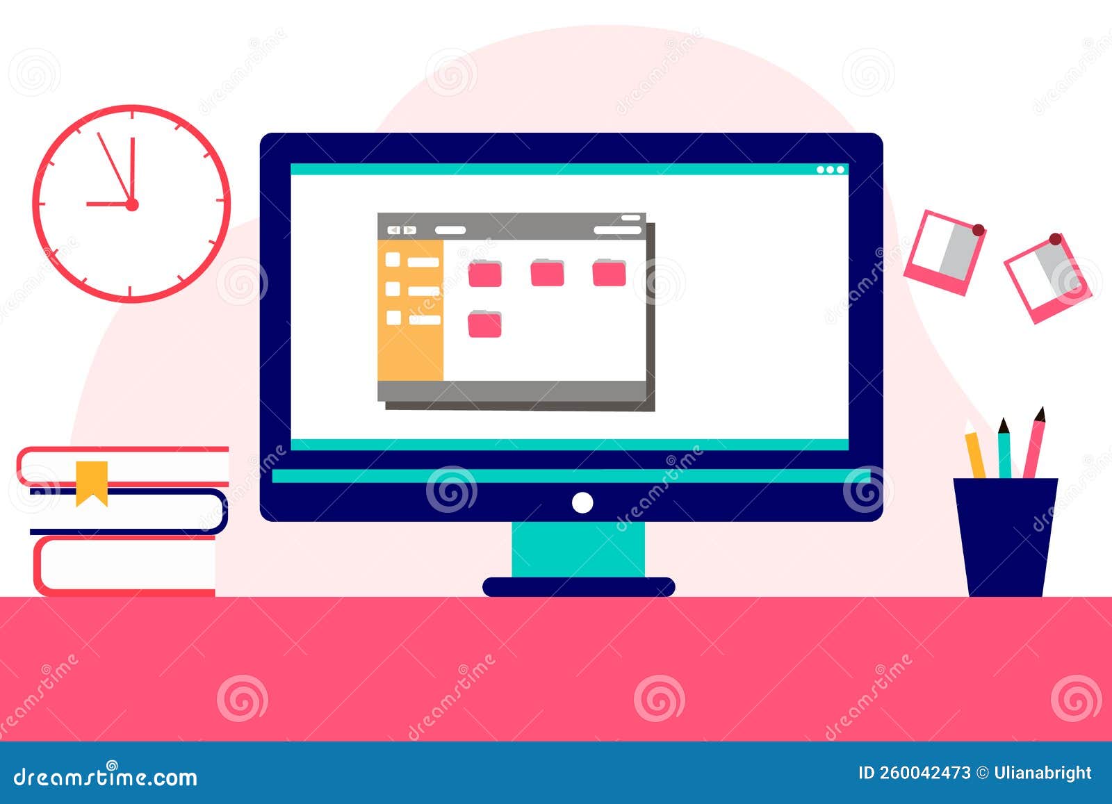 Illustration of a Workspace with a Computer, Books, Clock, Pencil Case ...