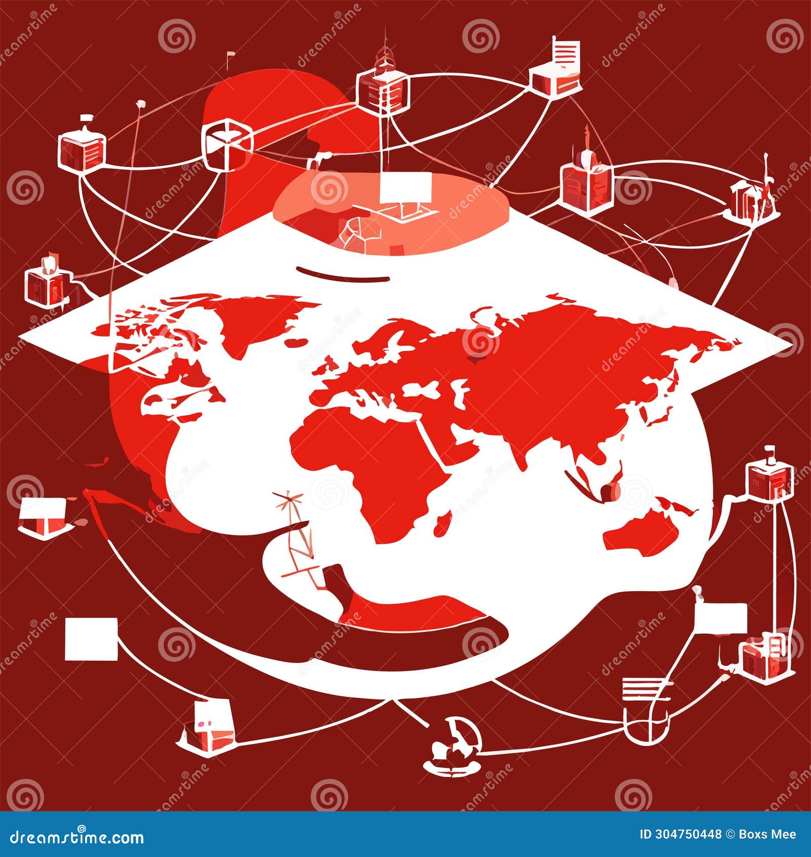 Illustration of a World Map Connected To a Global Network on a Red ...