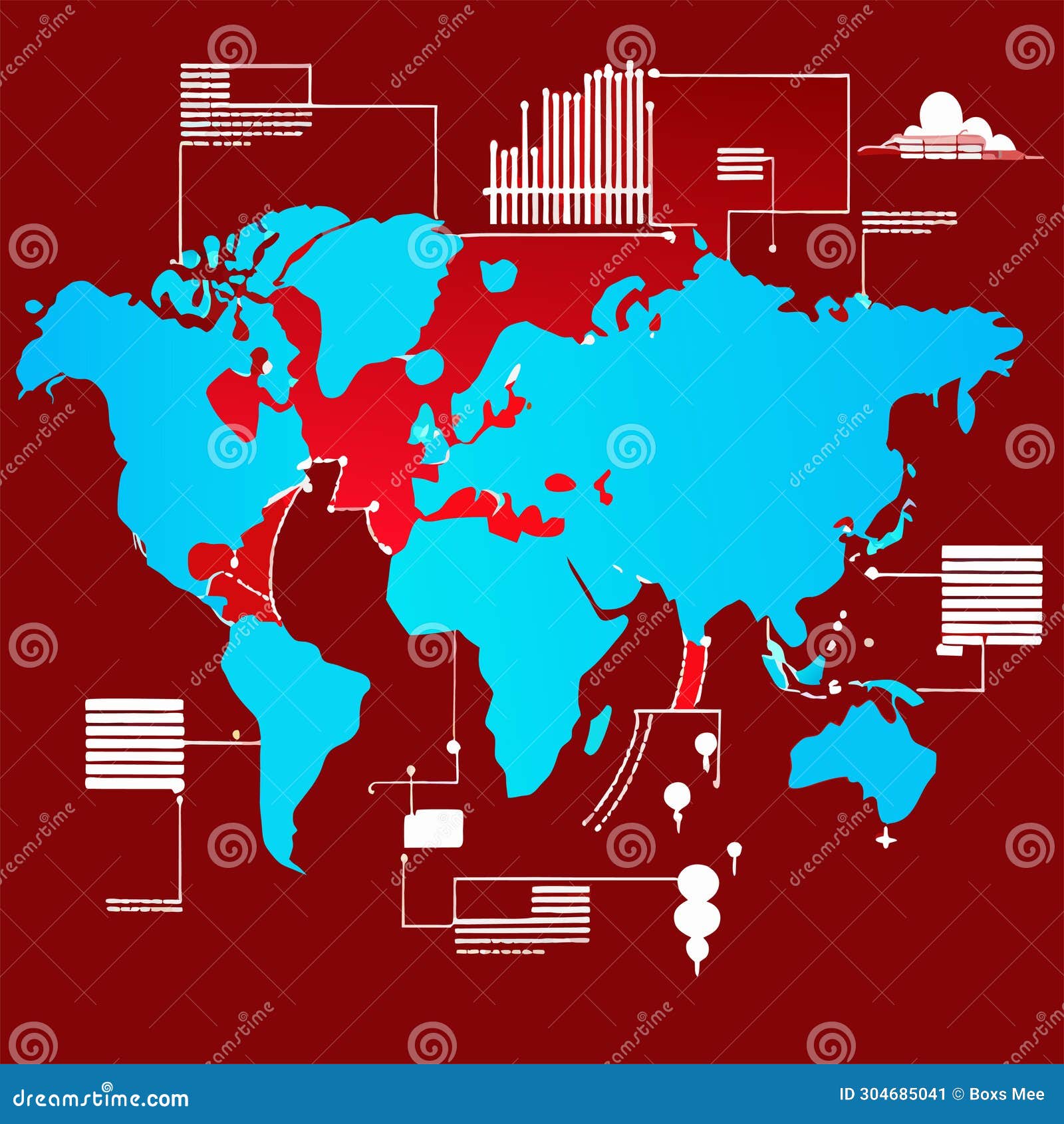 Illustration of a World Map with Graphs and Charts on a Red Background ...