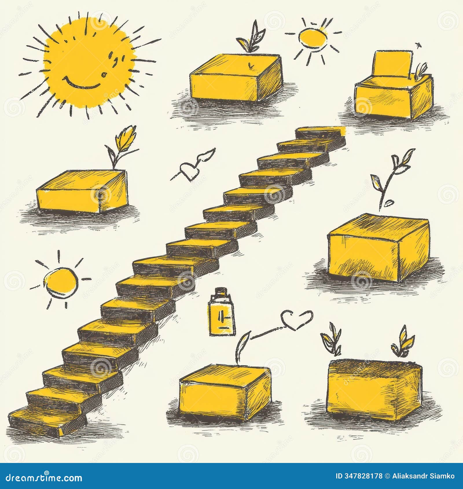 Illustration of Yellow Blocks Stairs and Plants Symbolizing Growth ...