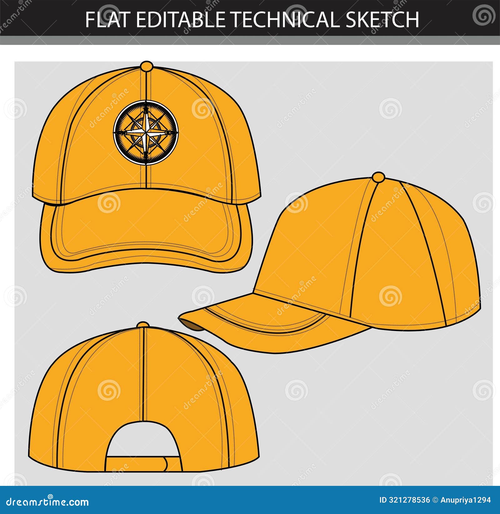Illustration of Yellow Cap Flat Sketch Technical Sketch. Stock ...