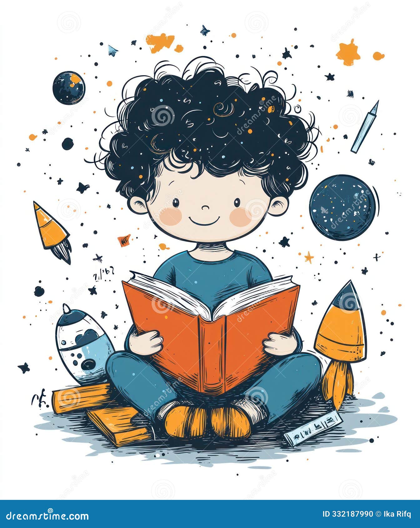 Illustration of a Young Boy Reading with Rocket and Stars Stock ...