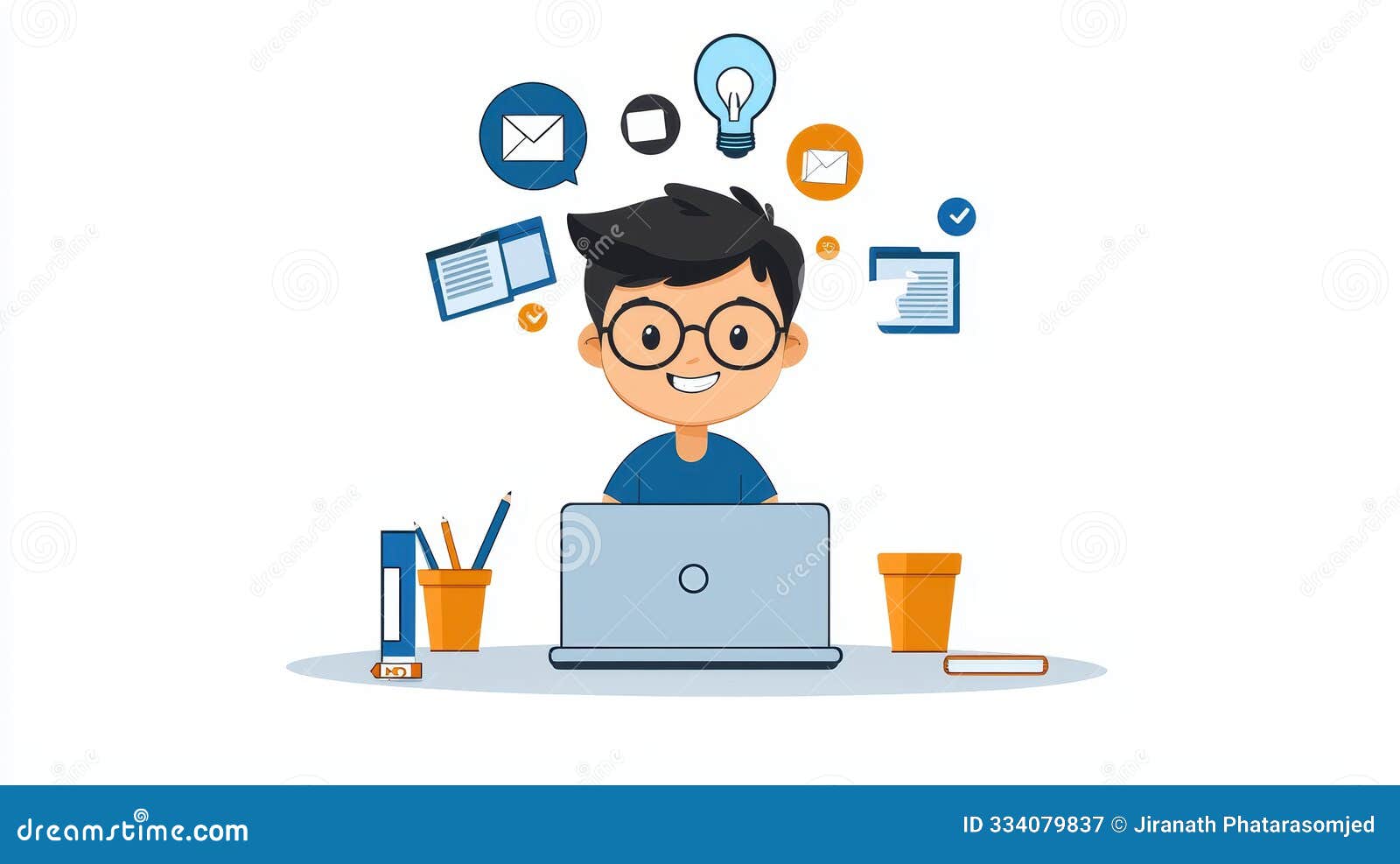 Boy Working on Laptop with Ideas Stock Illustration - Illustration of ...