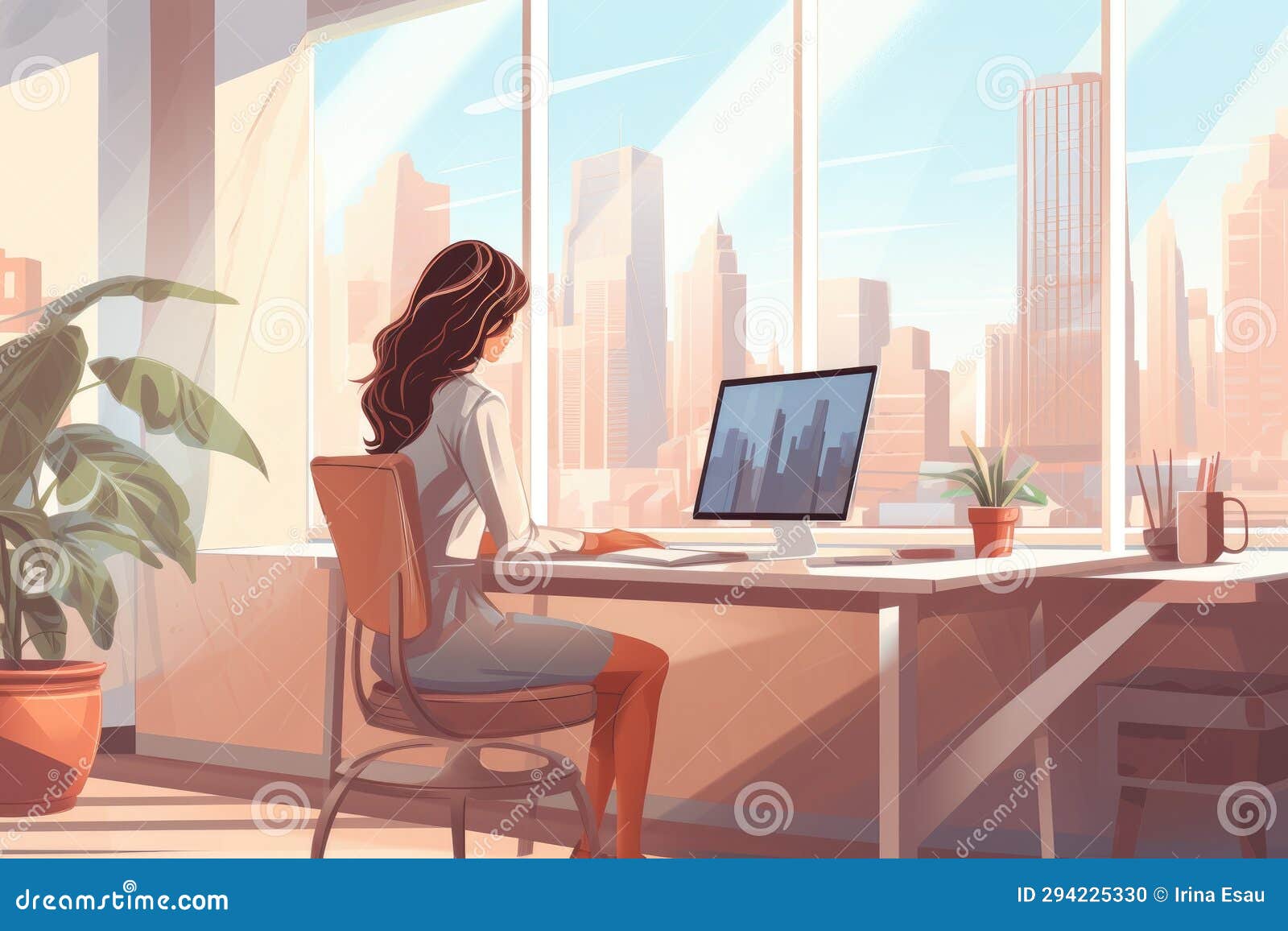 Illustration of a Young Woman Working in an Office at a Computer Stock ...