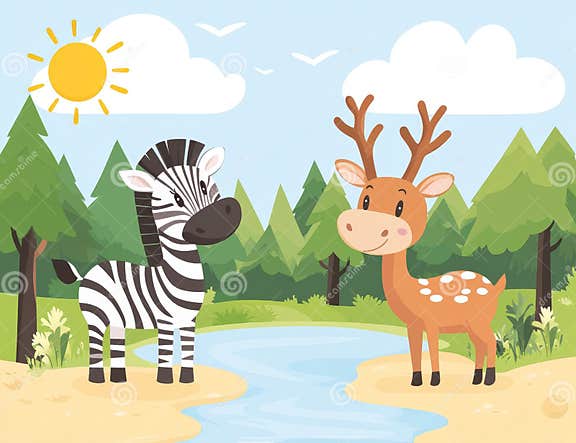 Illustration of a Zebra and Little Deer by the River Stock Photo ...