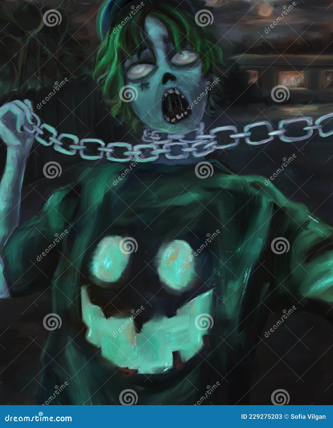 Illustration of a Zombie Guy with a Chain. Night Creepy Illustration ...