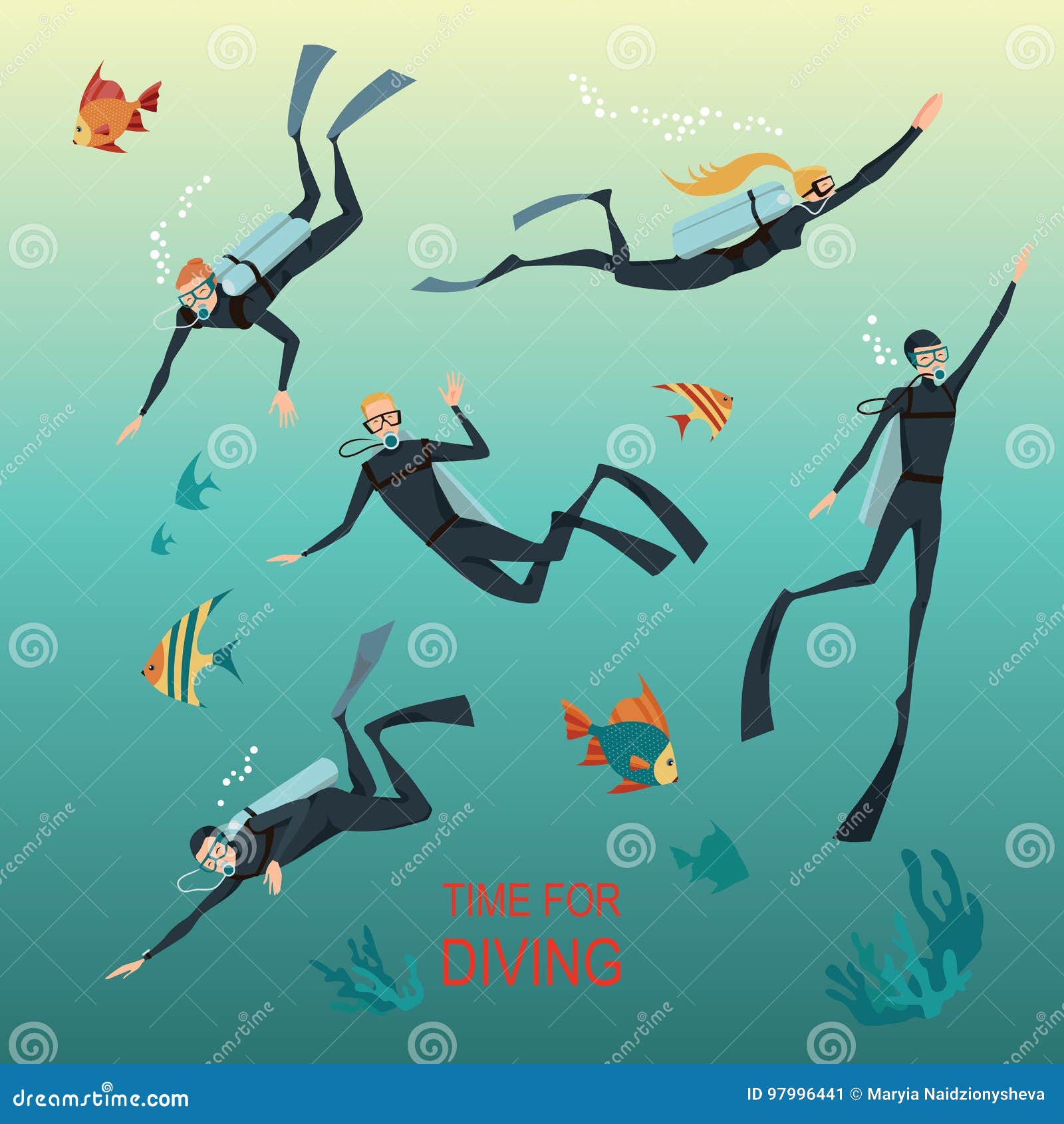 Illustrations of Divers Flat Style Stock Vector - Illustration of ...