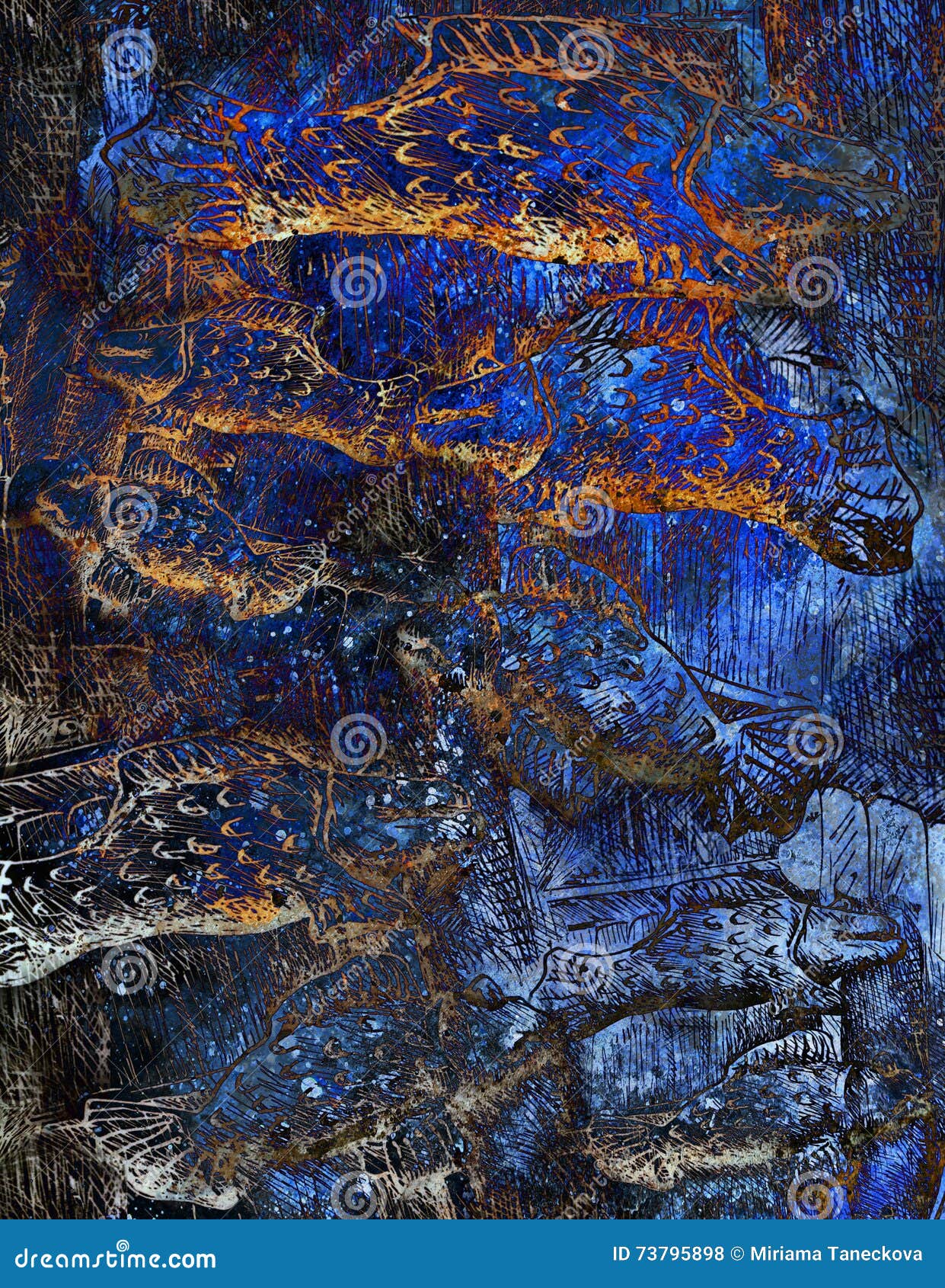 Illustrations of Fish in Blue, Engraved Style Illustration Stock Photo ...