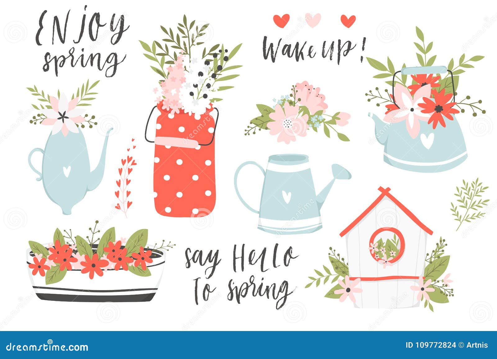 Illustrations and Lettering Spring Hand Drawn Set Stock Vector ...