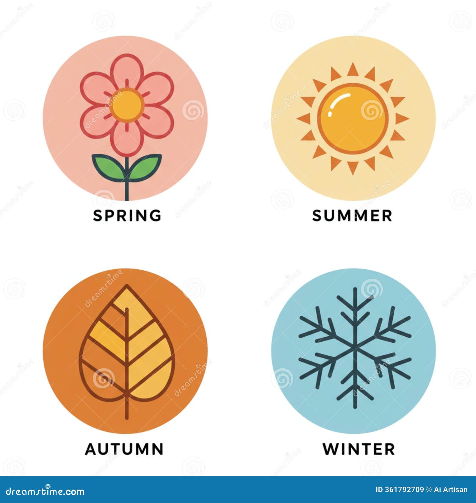 Illustrations Represent the Four Seasons with Simple Icons Inside Colored Circles. Stock ...