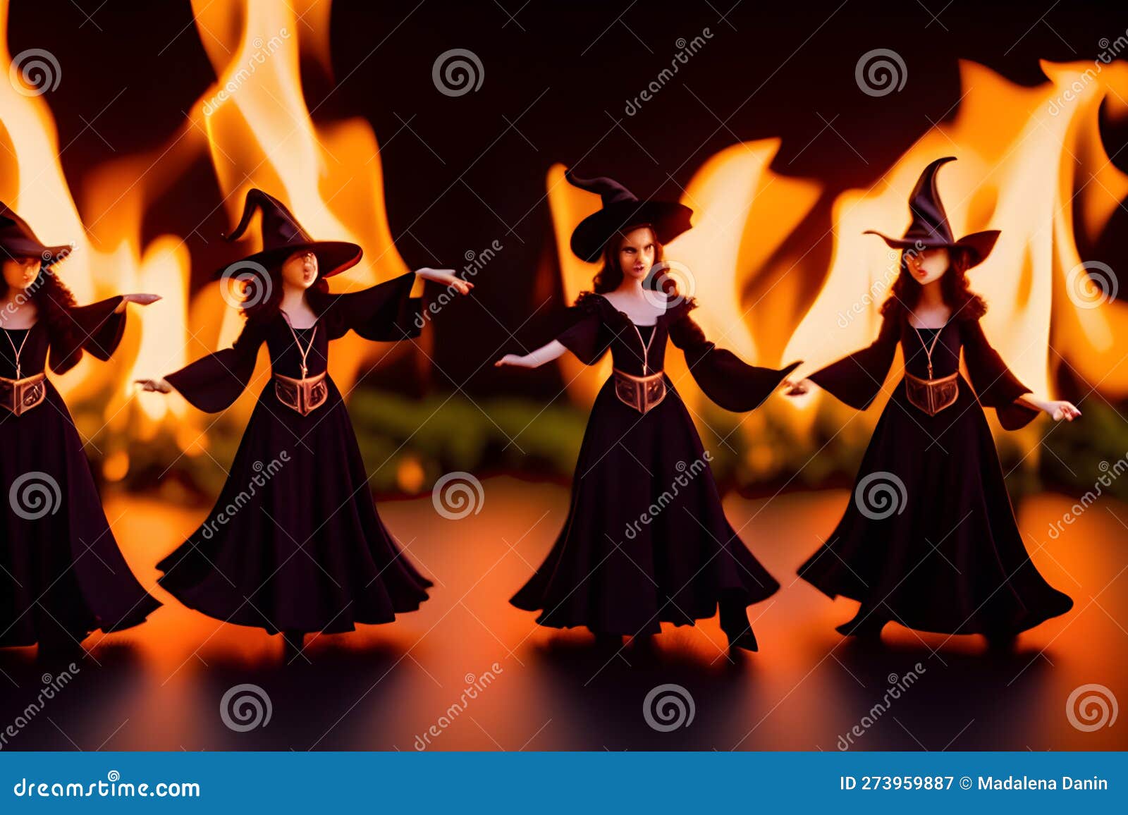 Witches Dance With Brooms. Halloween Party Vector Illustration ...