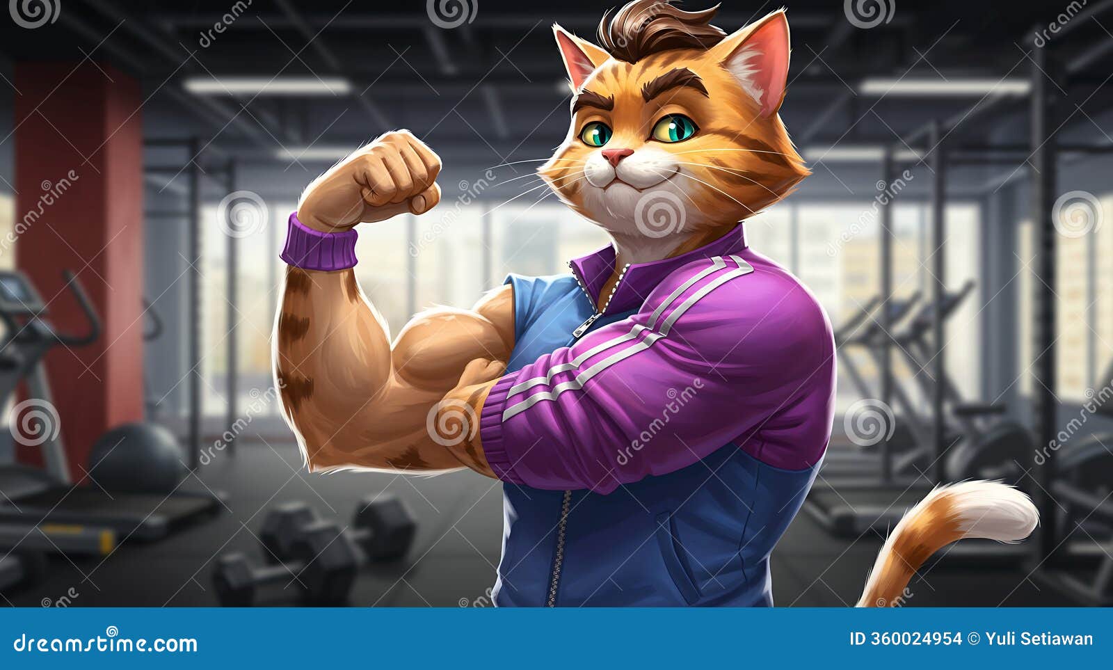 Illustrative Anthropomorphic Cat Flexing Muscles in a Modern Gym ...