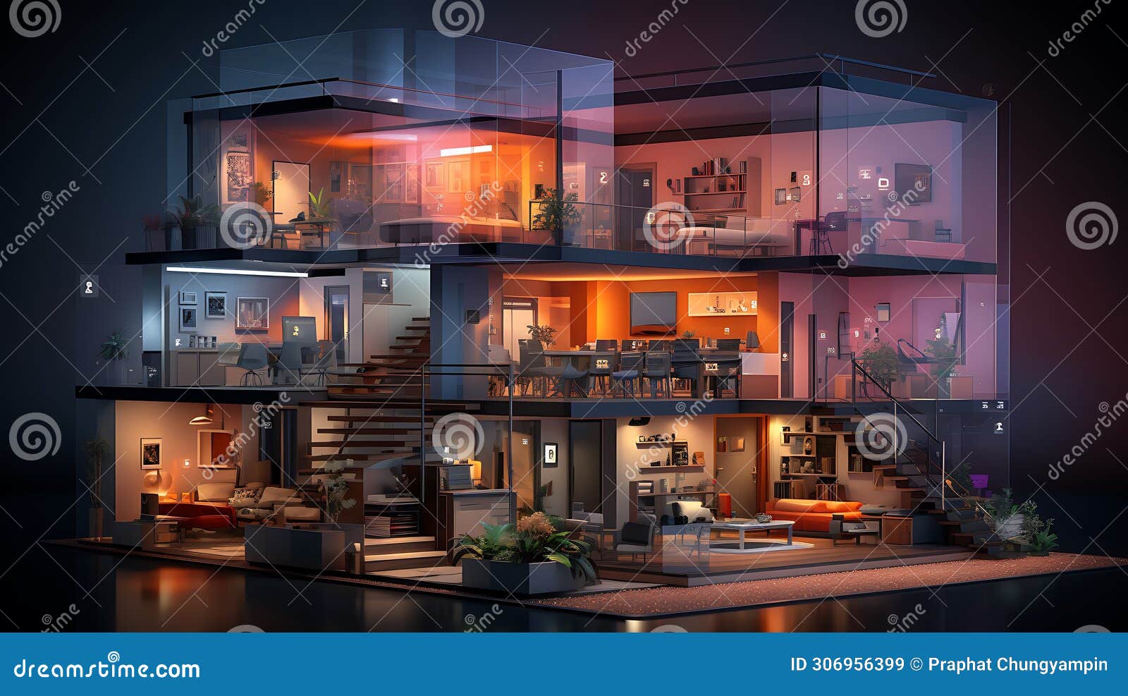 Illustrative Cross-section of a Spacious Multi-level Home with Warm ...