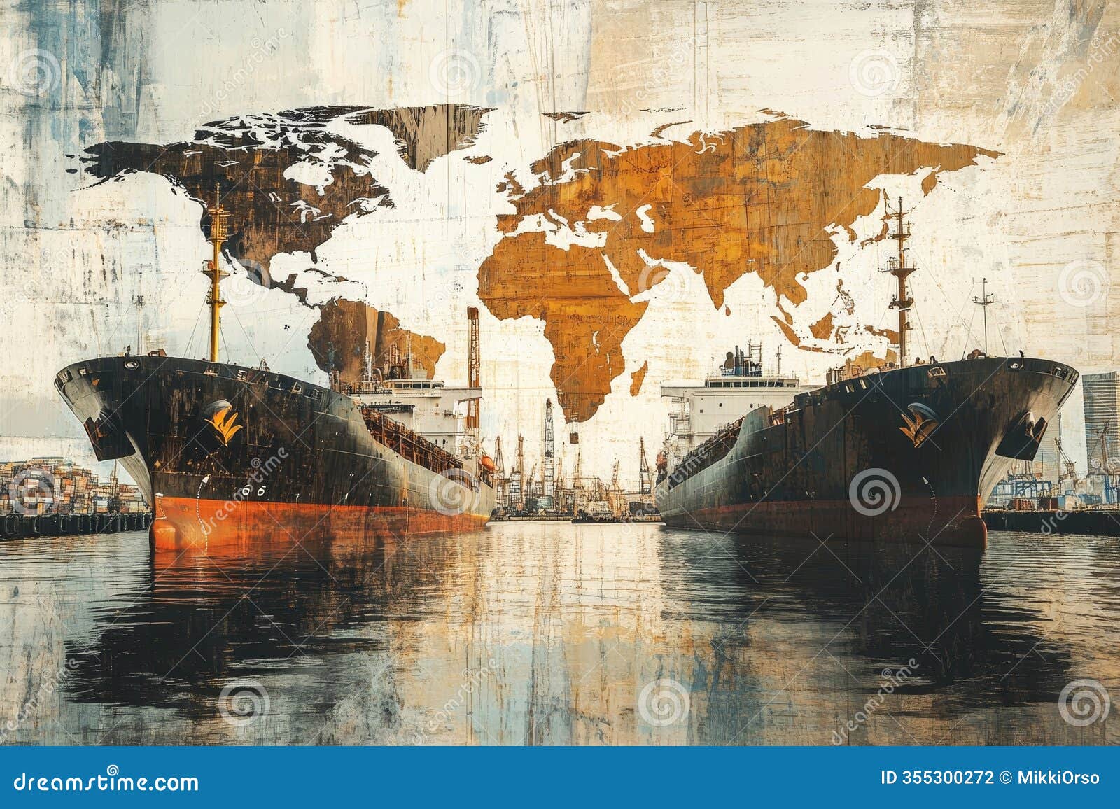 Illustrative Digital Artwork of Cargo Ships and World Map Representing ...