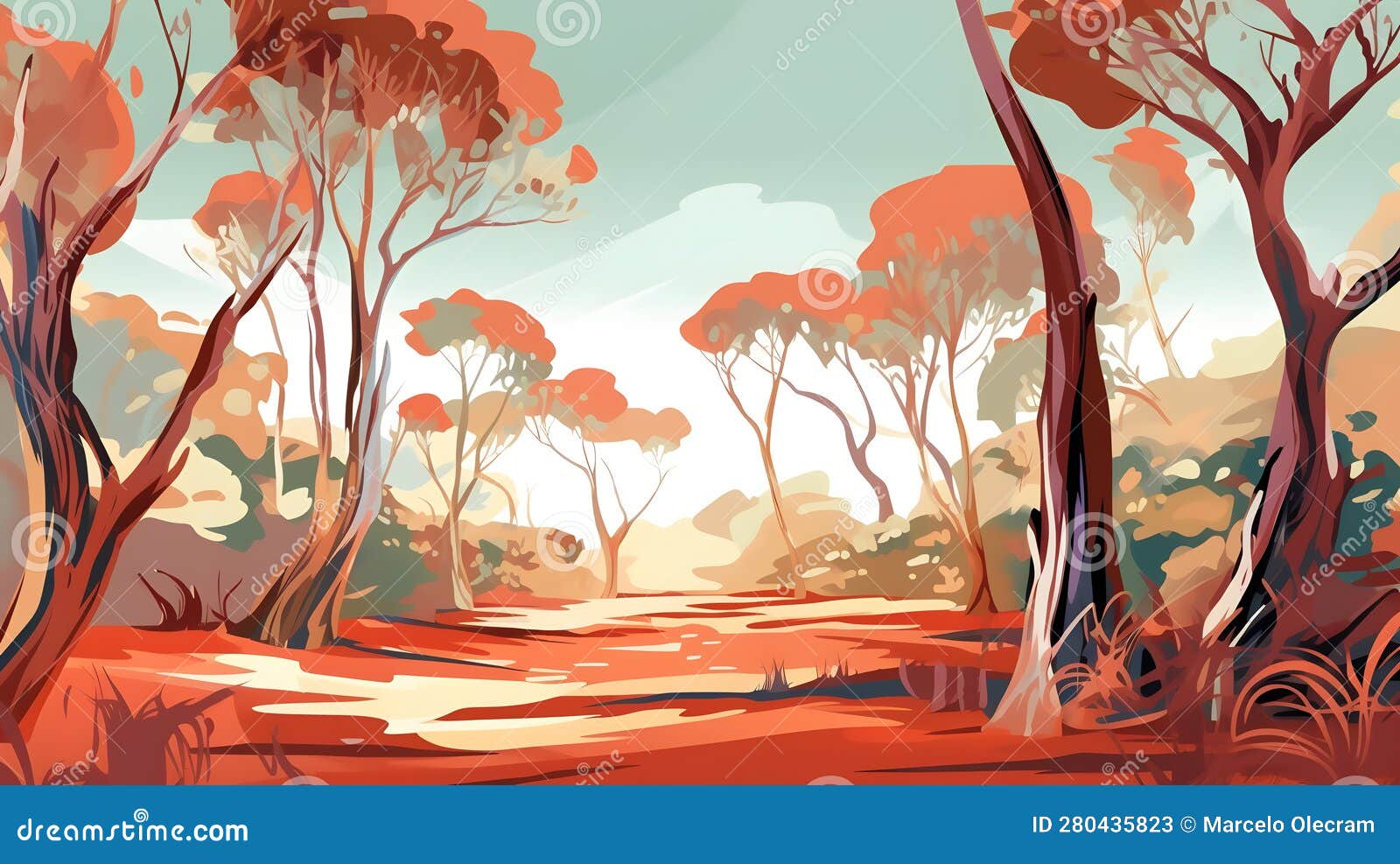 Illustrative Drawing of a Landscape with Forest and Tall Trees ...